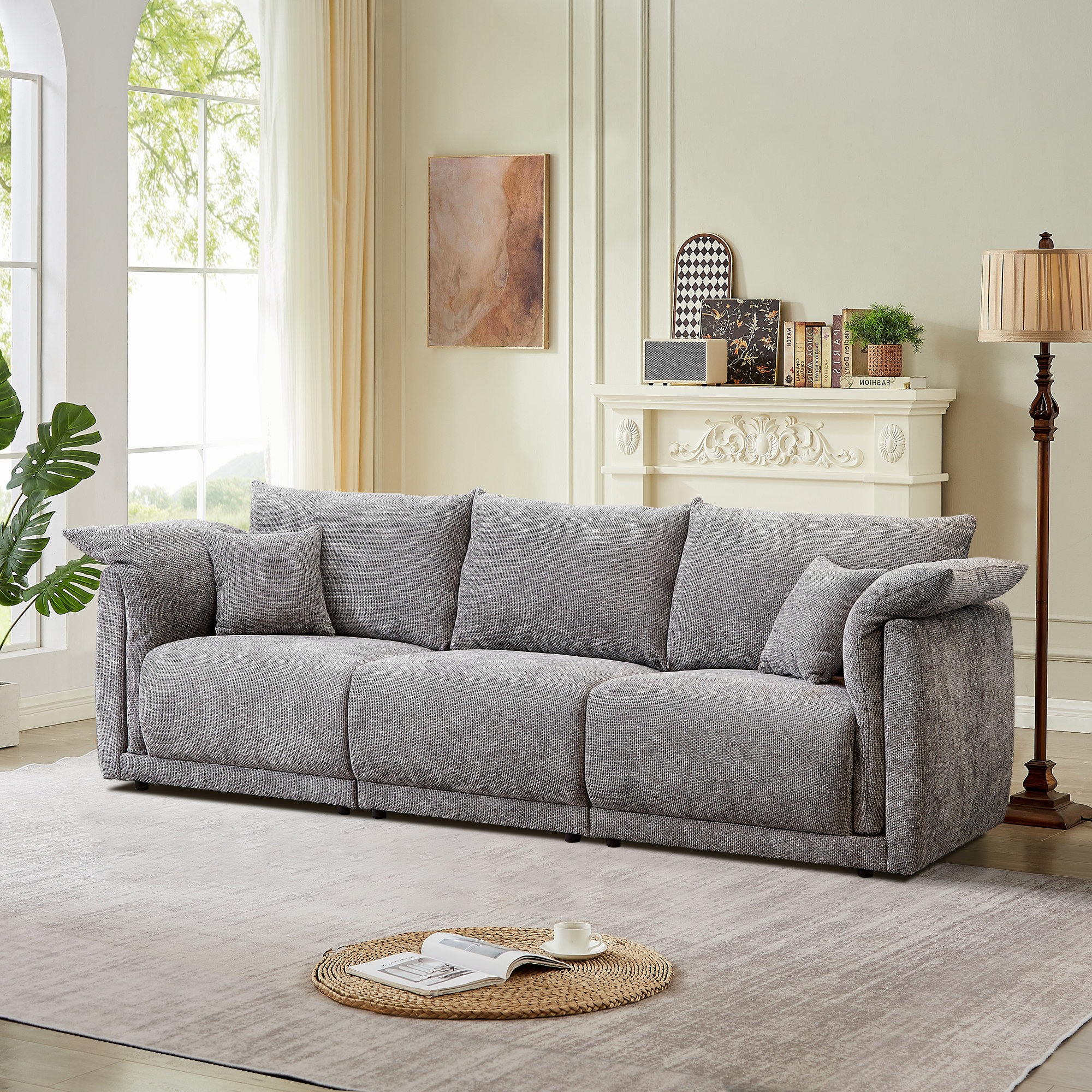 Latitude Run® Canapé spacieux en lin à 3 places, canapé rembourré avec coussins d'accoudoirs ...