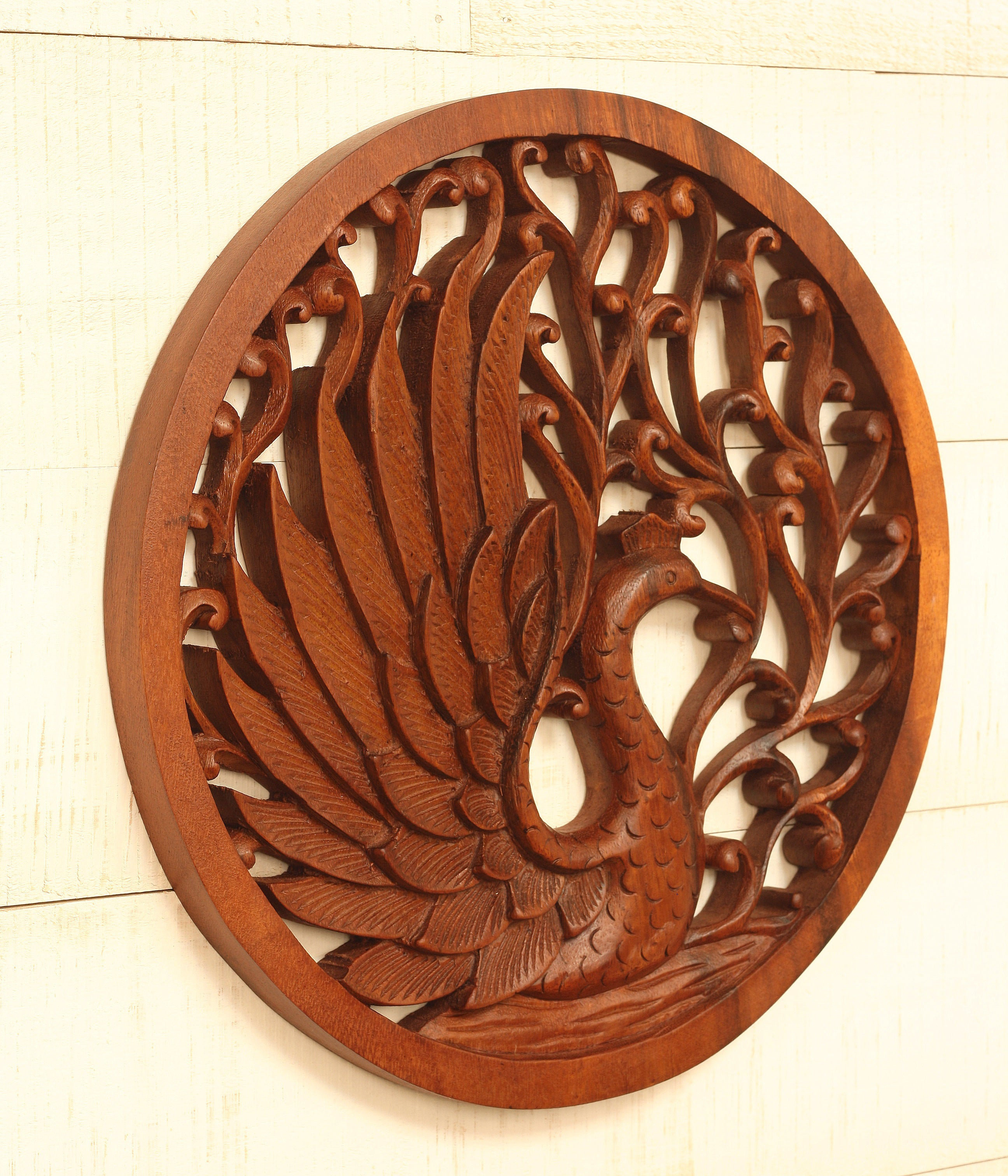 Astoria Grand Wooden Hand Carved Peacock Wall Plaque Relief Panel Wall ...
