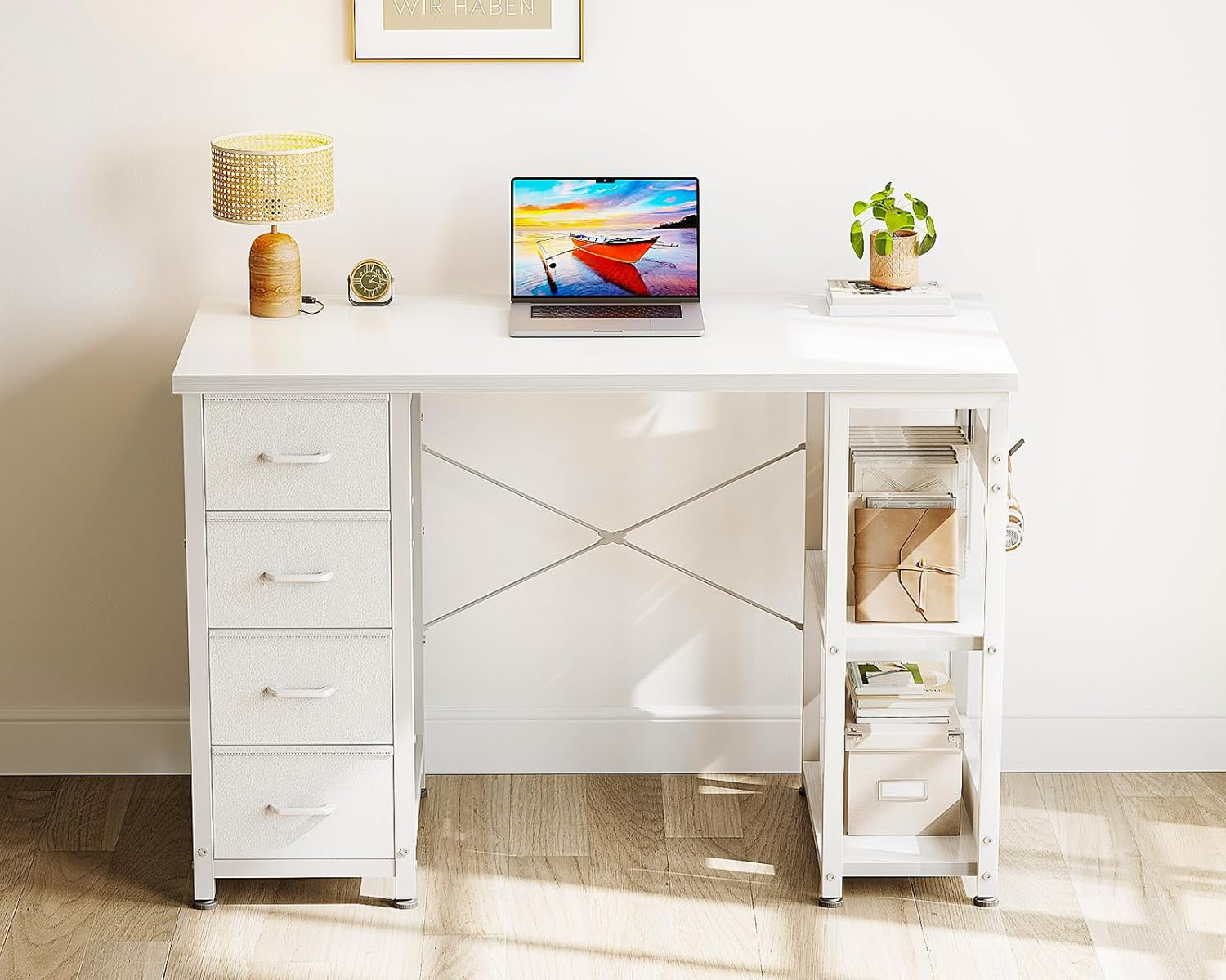 17 Stories 40 Inch Small White Computer Desk With 4 Fabric Drawers ...