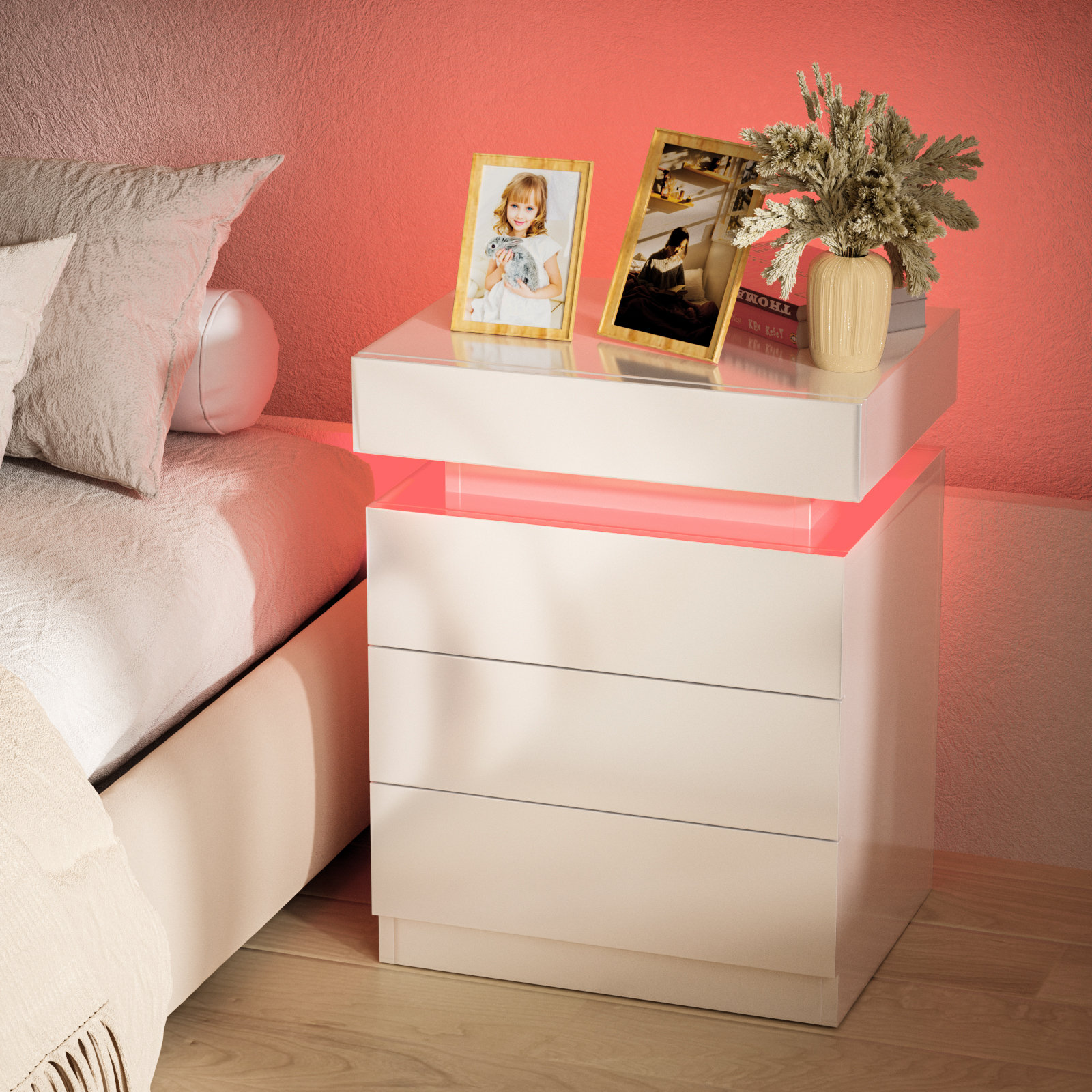 Wrought Studio™ Nightstand with LED Lights, 3 Drawer & 1 Flapping Top ...