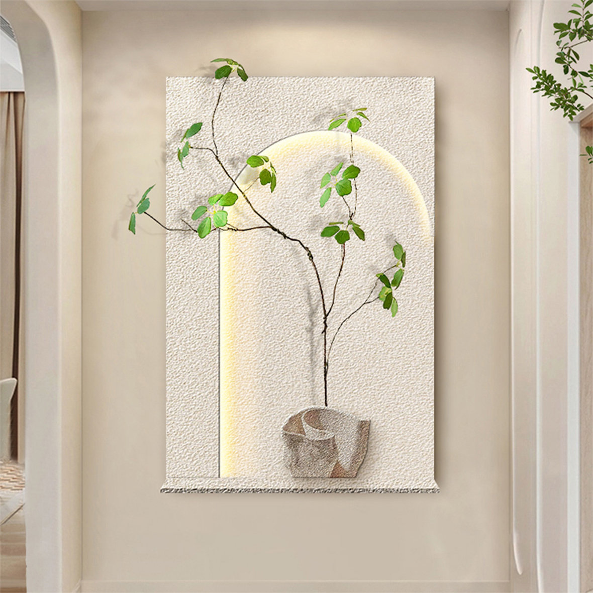 Orren Ellis Beige Rectangle Sandstone + Imitation green plant Wall art ...