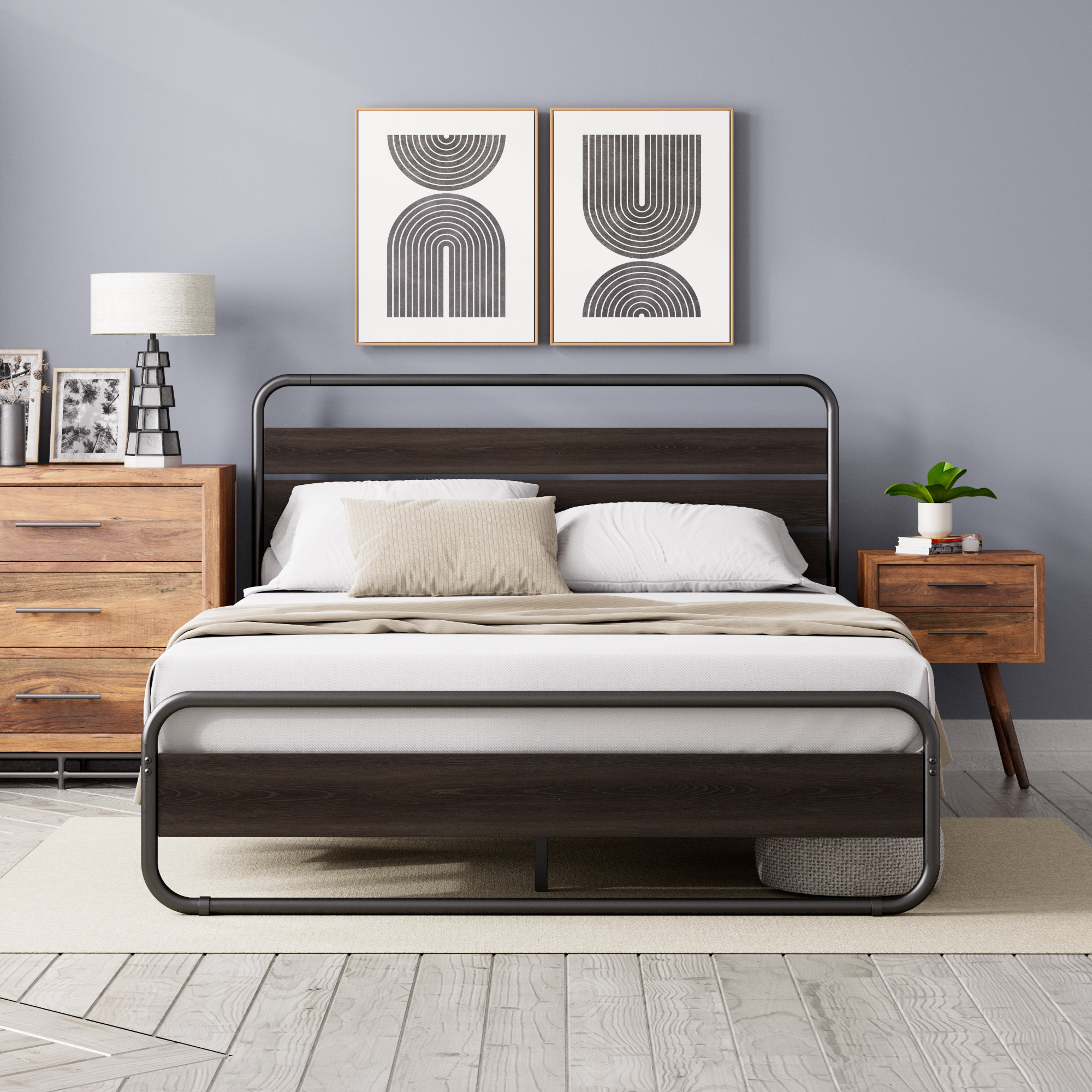 Borough Wharf Sana Low Profile Metal Bed frame with Wood Headboard ...