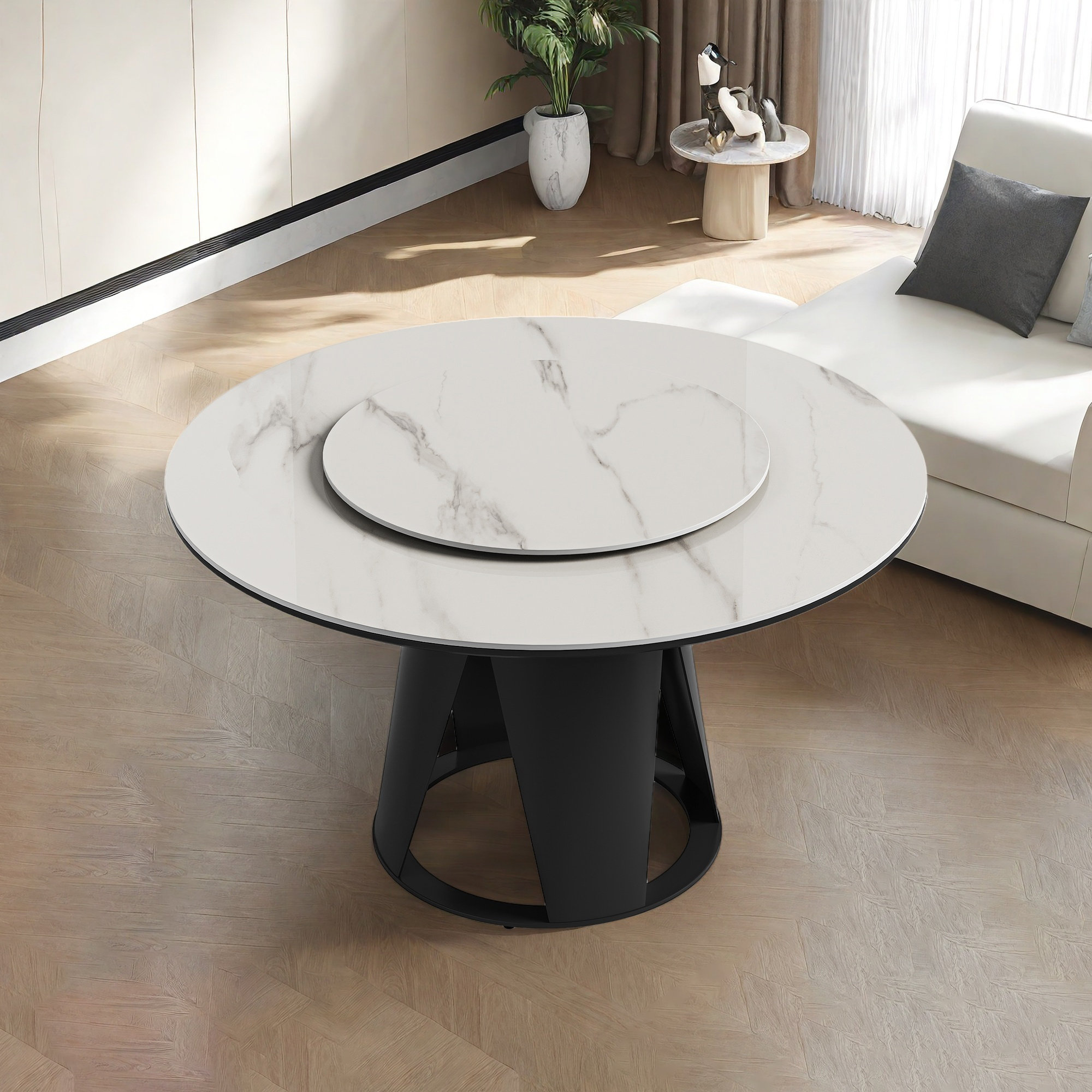 Hokku Designs Round Sintered Stone Dining Table With Lazy Susan ...