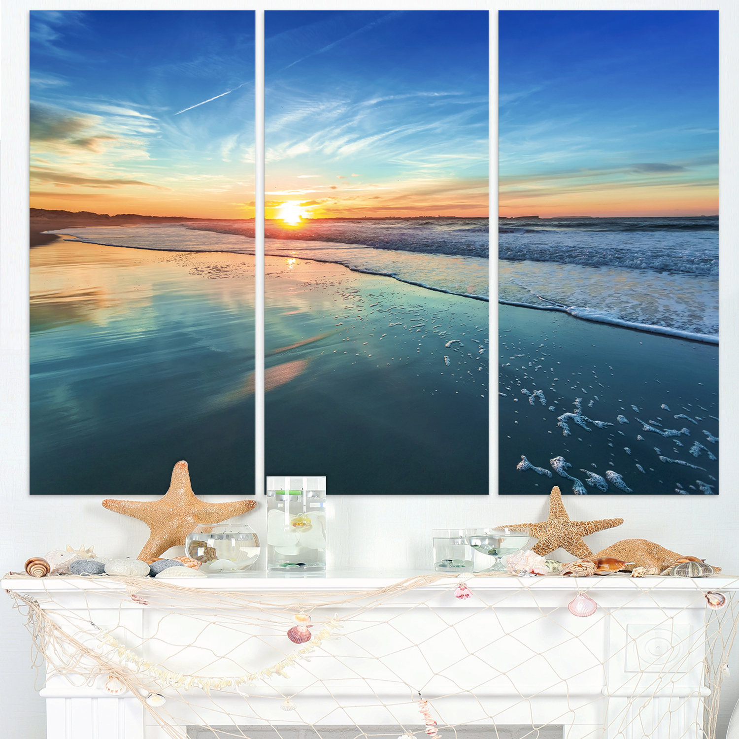 Design Art Blue Seashore with Distant Sunset - 3 Piece Graphic Art on ...