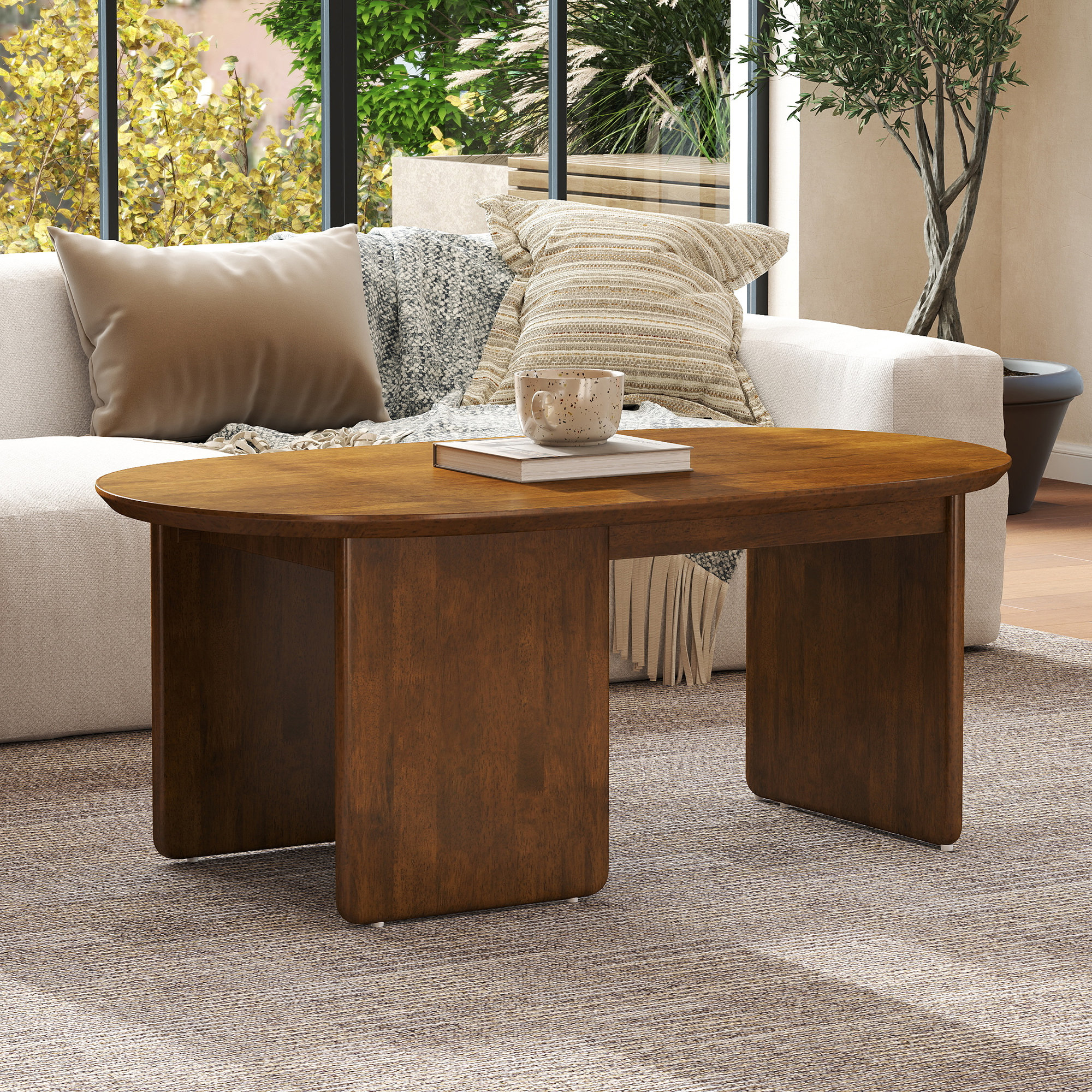 Millwood Pines Oval Solid Wood Coffee Table With Three Legs, Farmhouse ...