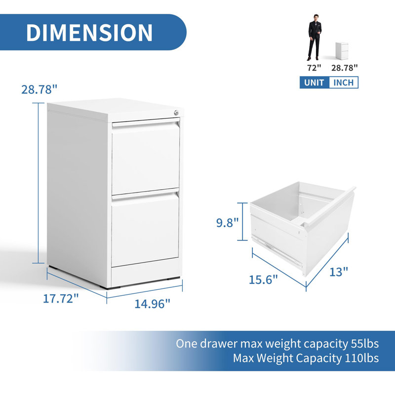 Inbox Zero 18"D 2 Drawer Metal Vertical File Storage Cabinet with Lock ...