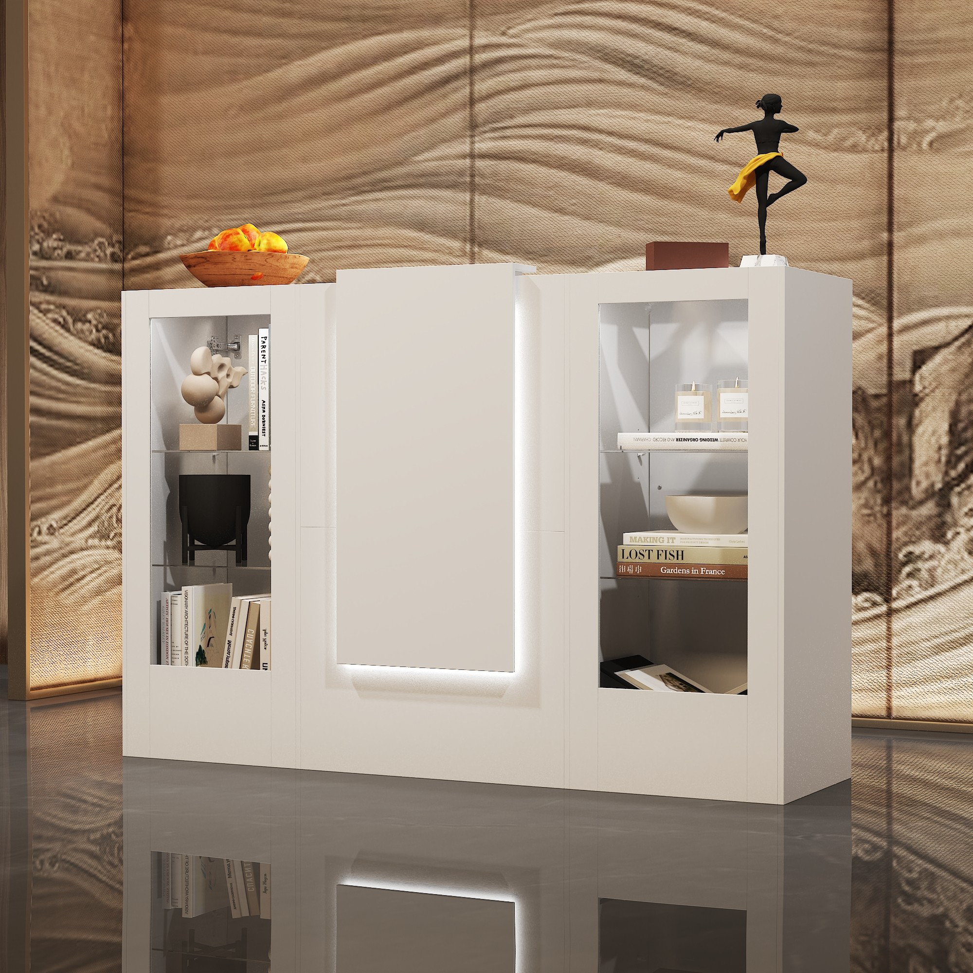 Inbox Zero Mastan 59'' W Reception Desk With Display Cabinets And LED ...