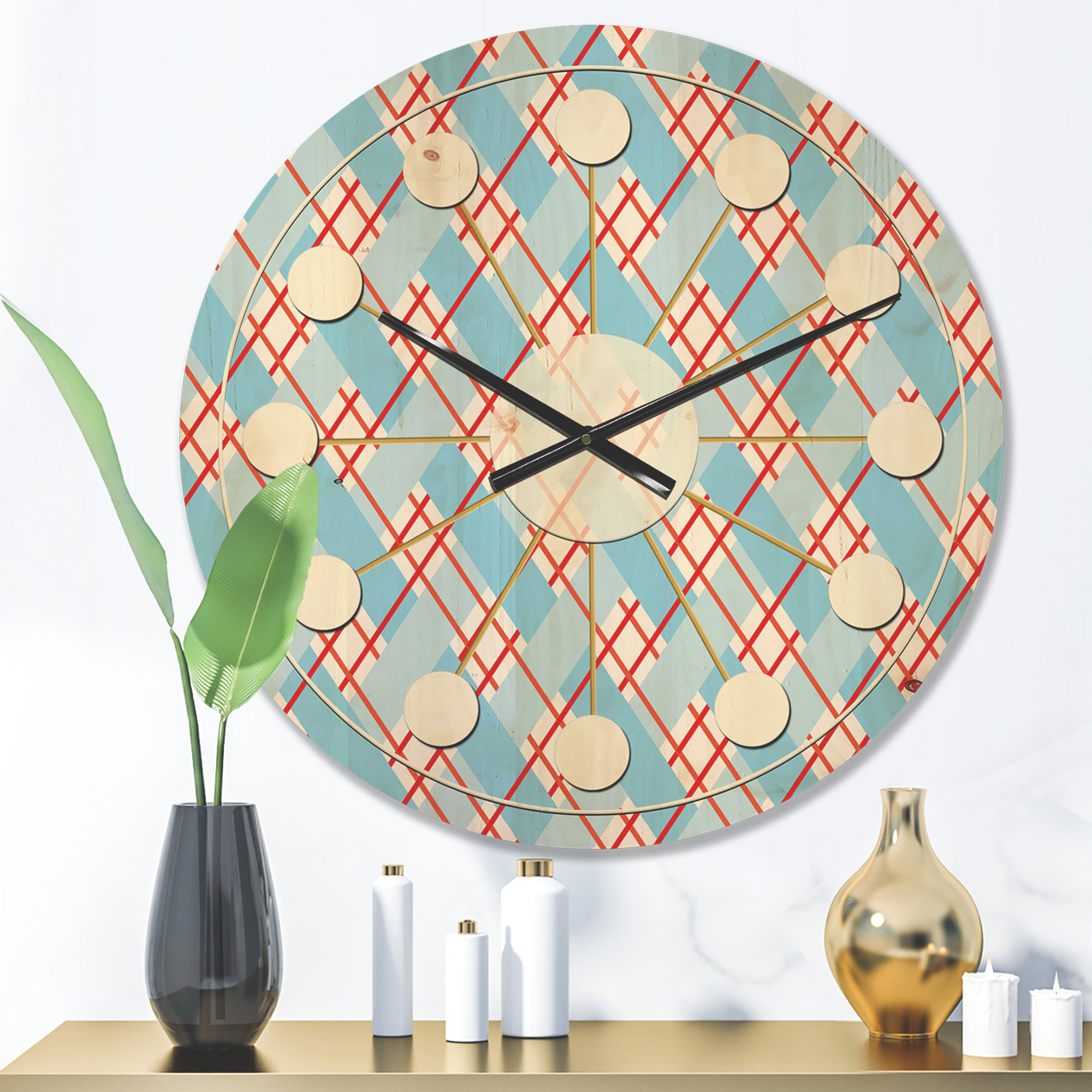 East Urban Home Blue and Red Plaid - Mid-Century Modern Wood Wall Clock ...