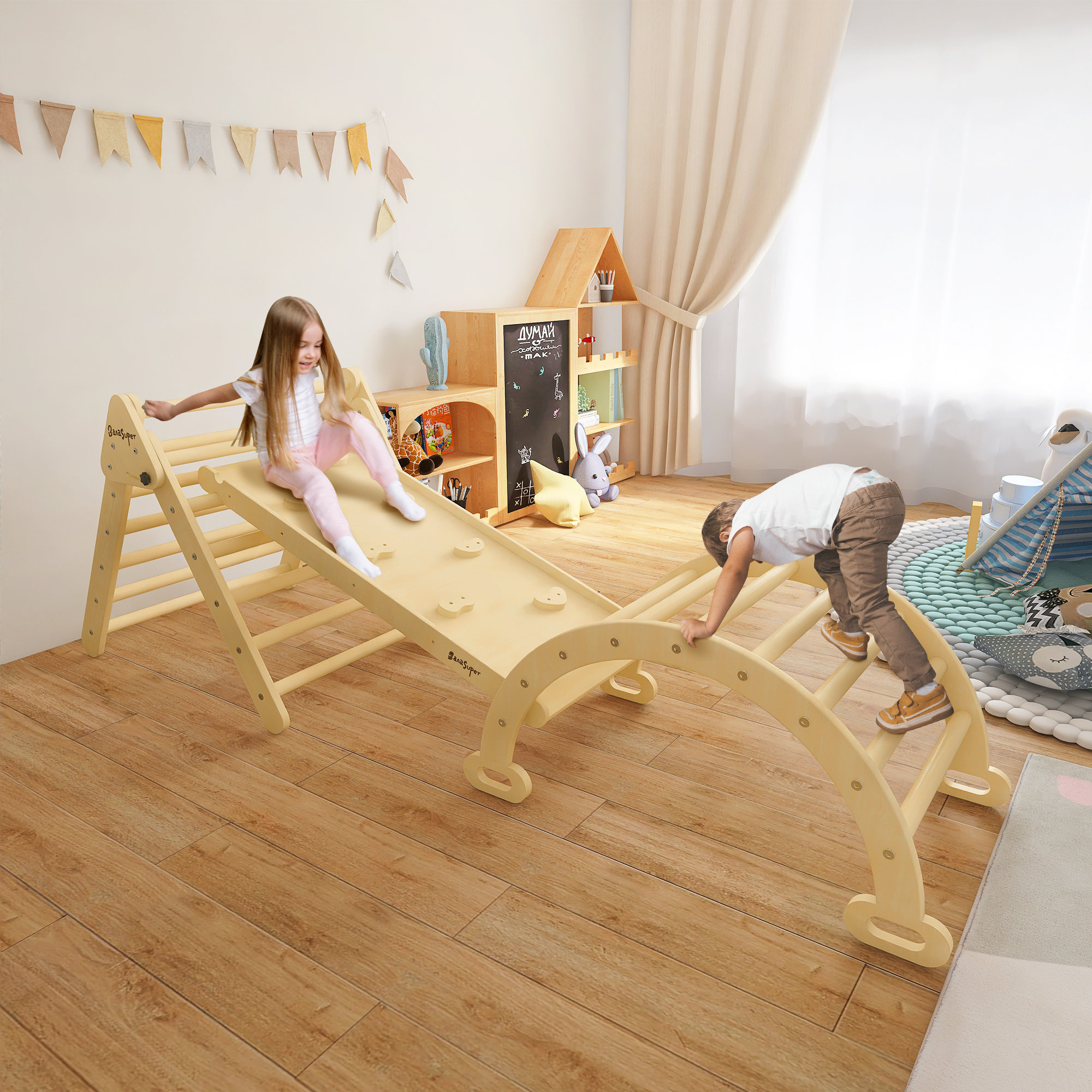 Benarita 117.7'' W Wood Climber, Large Climber for Toddlers, Kids ...