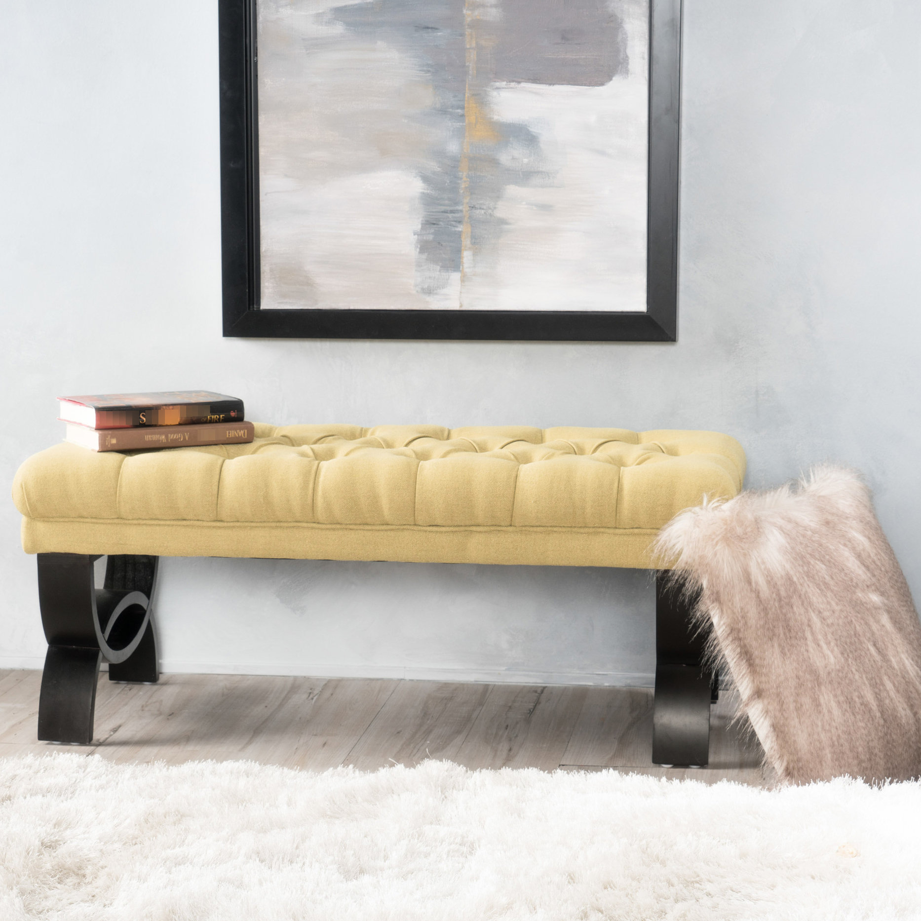 Lark Manor™ Yellow Fabric With Button Design And Attractive Birch Wood ...