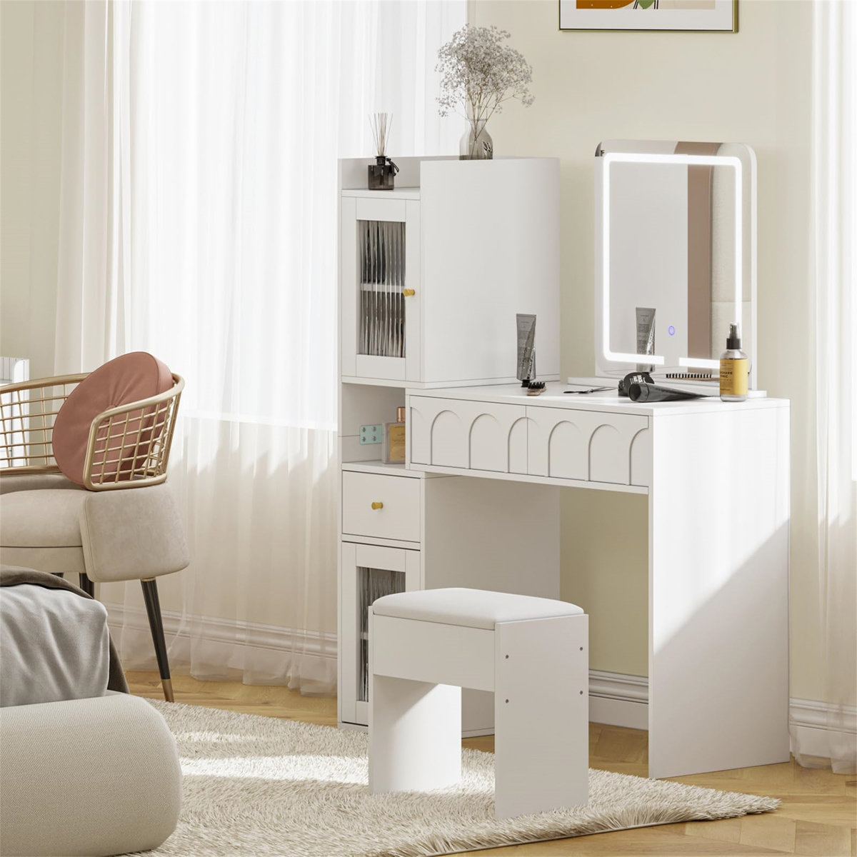 Brayden Studio Dressing Table With Mirror And Stool, Modern Vanity ...