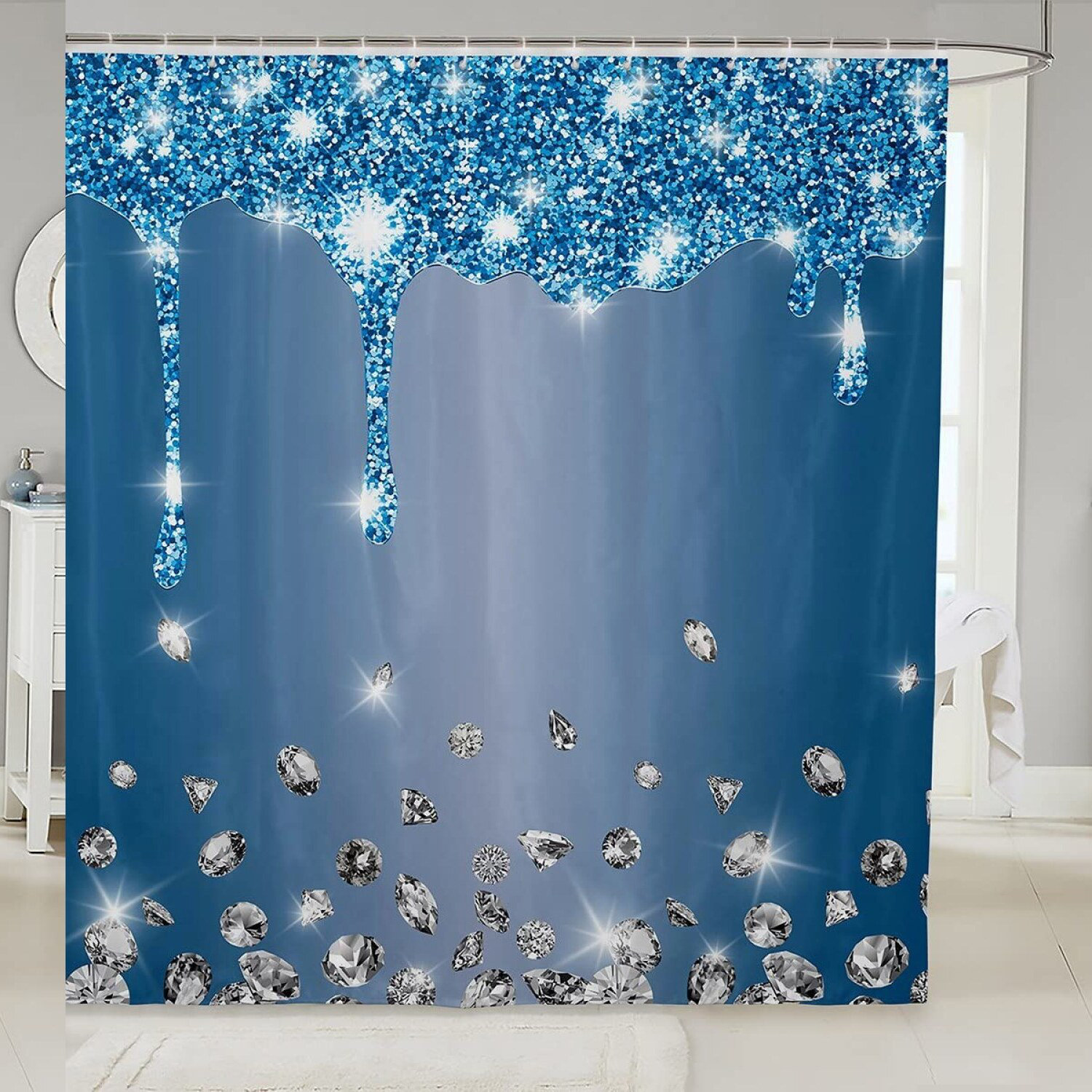 Mercer41 Diamond Luxe Blue Silver Glitter-Free Shower Curtain ...