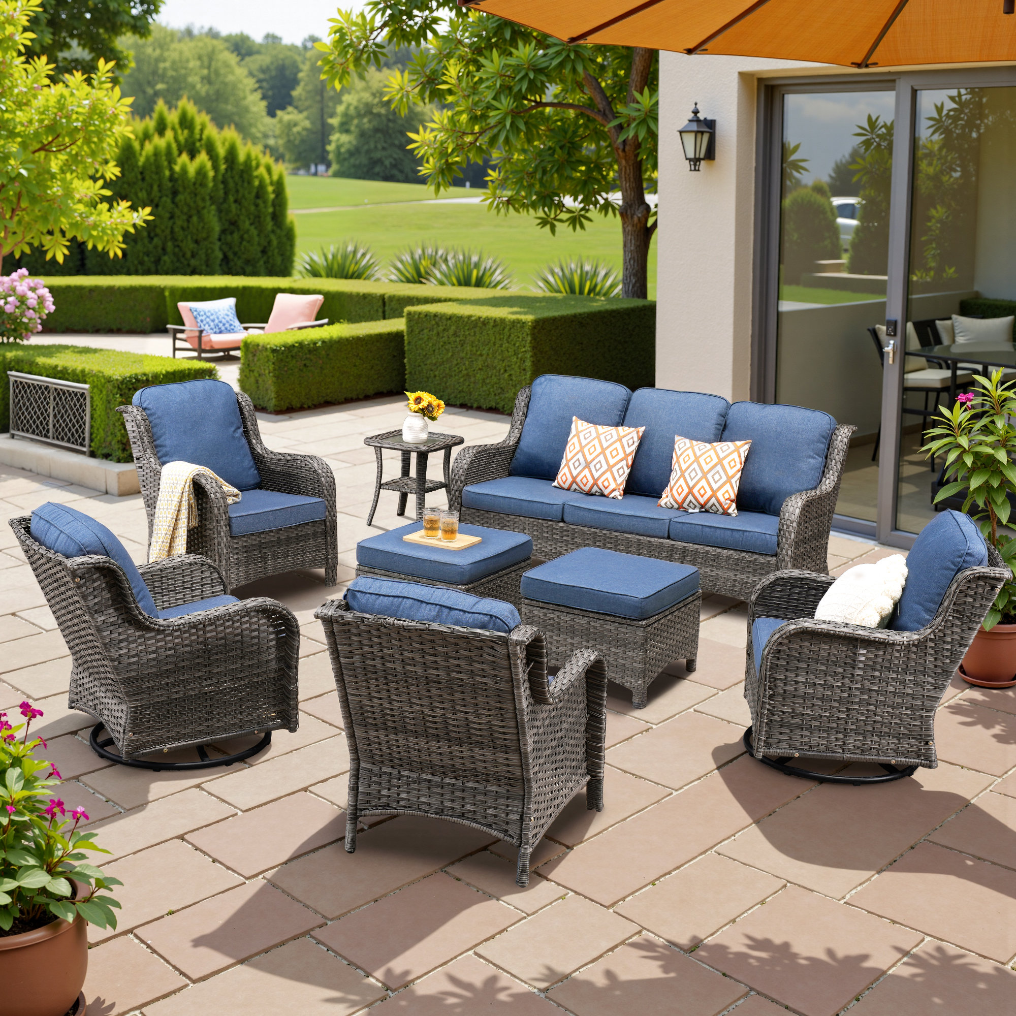 OVIOS Guillen 7 - Person Wicker Rattan Patio Furniture Set with Swivel ...