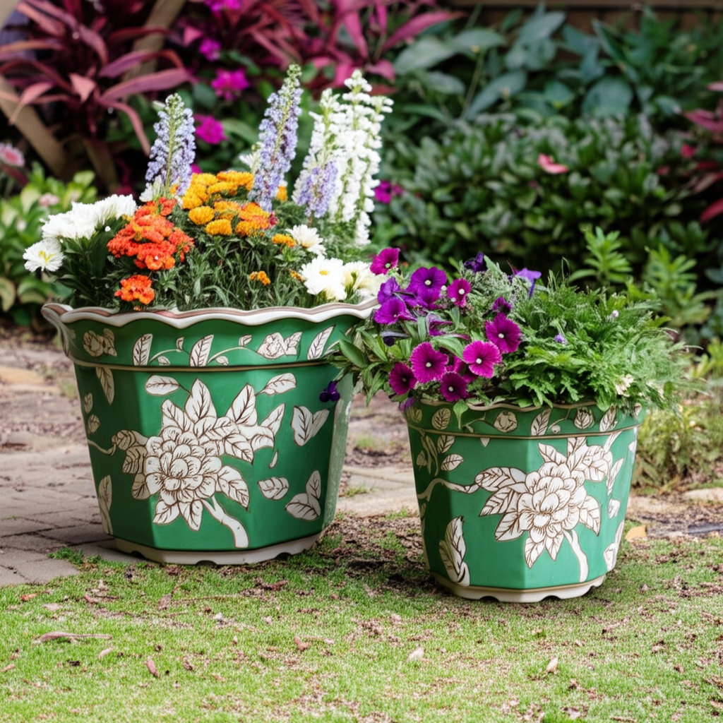 Winston Porter Ceramic Planter Set With Embossed Floral Design – Indoor ...