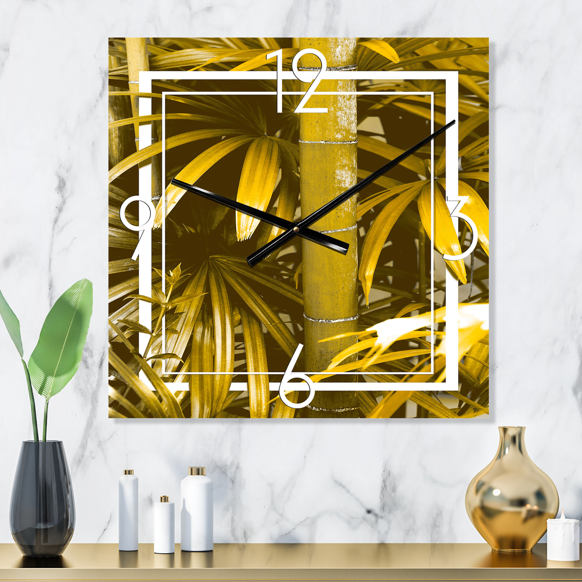 East Urban Home Yellow Bamboo and Tropical Leaves - Tropical Wall Clock ...