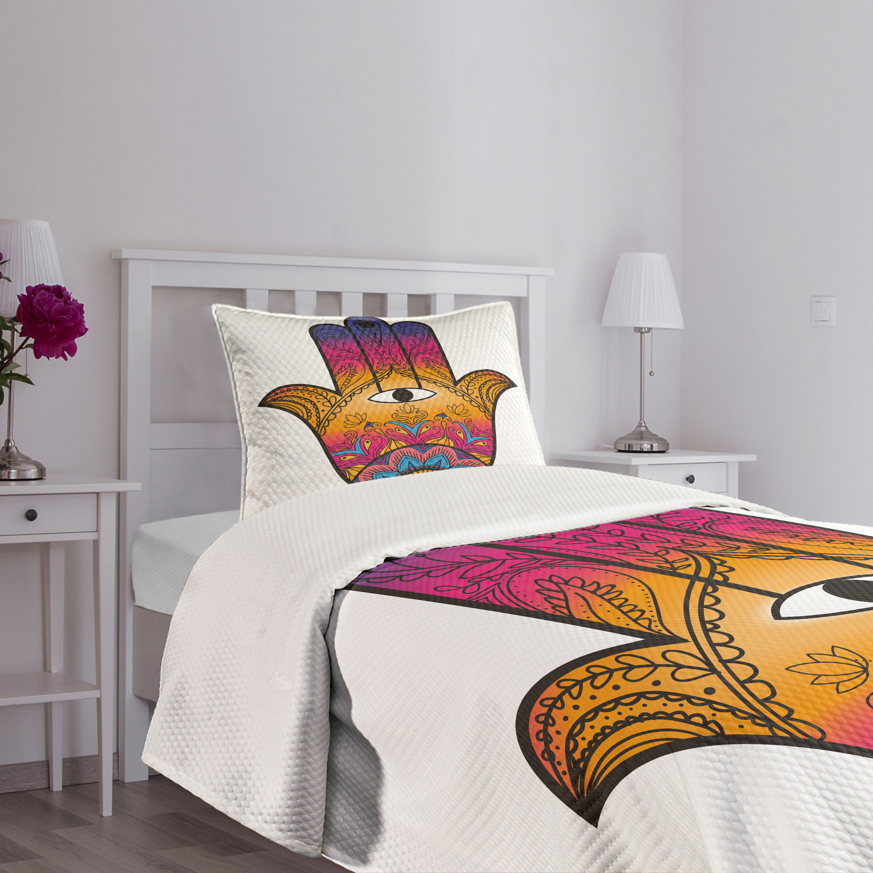 Ambesonne Oriental Bedspread Set Colorful Lotus Sky Blue Orange and ...
