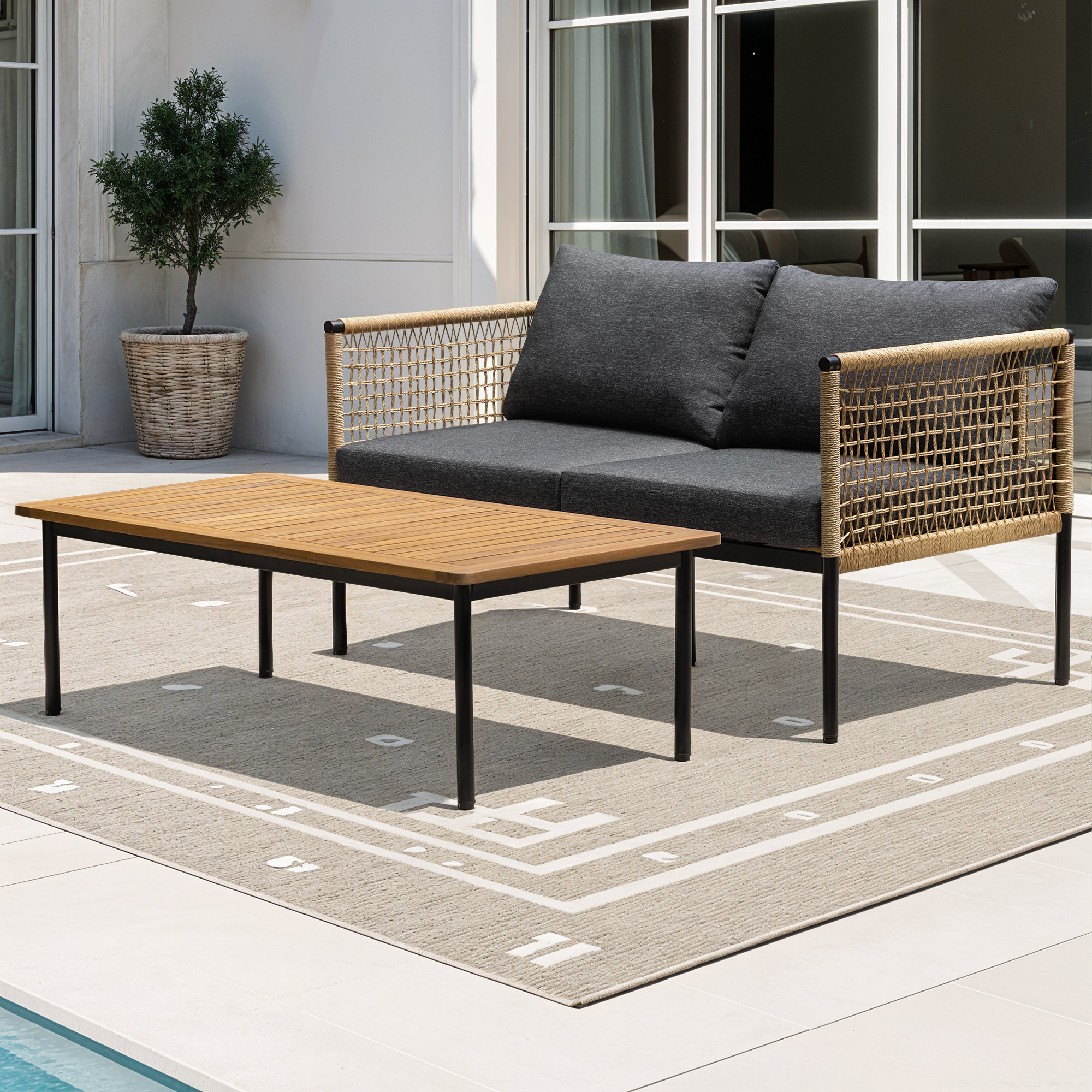 Bay Isle Home™ Causeuse et table en osier Oscar - Coussins noirs ...