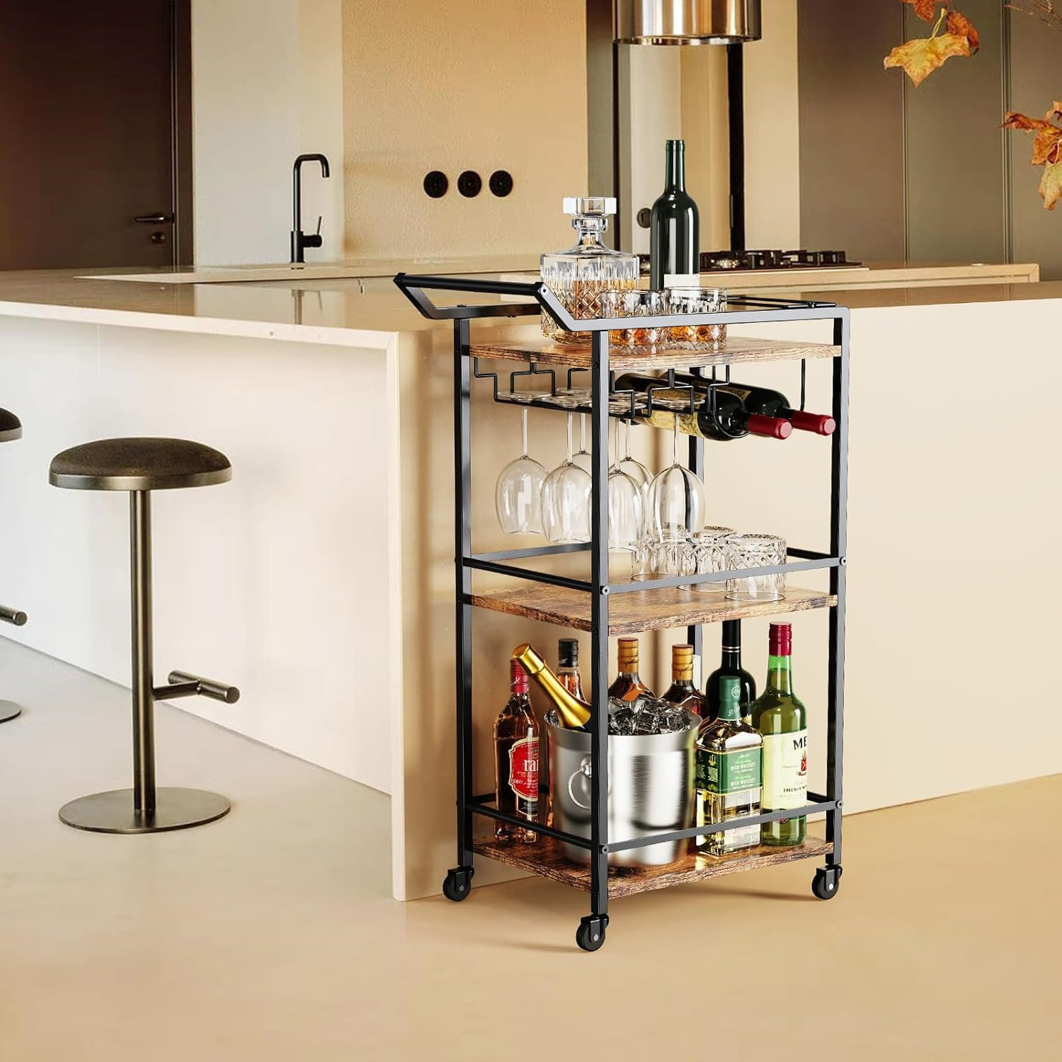 SUBORM Chariot-bar à 3 niveaux, mini-chariot à boissons alcoolisées ...