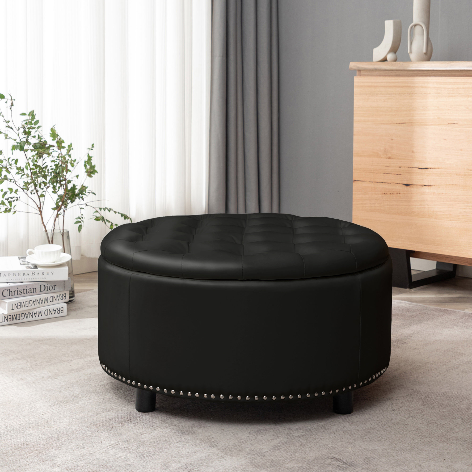 Red Barrel Studio® Vik Faux Leather Round Storage Ottoman with Wooden ...