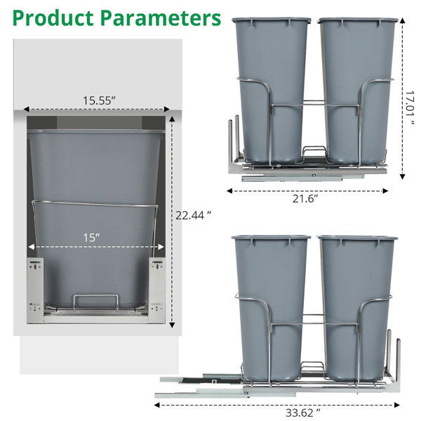 Yuan Home 2×25 QT Dual Pull Out Trash Can Under Cabinet,Garbage Waste ...