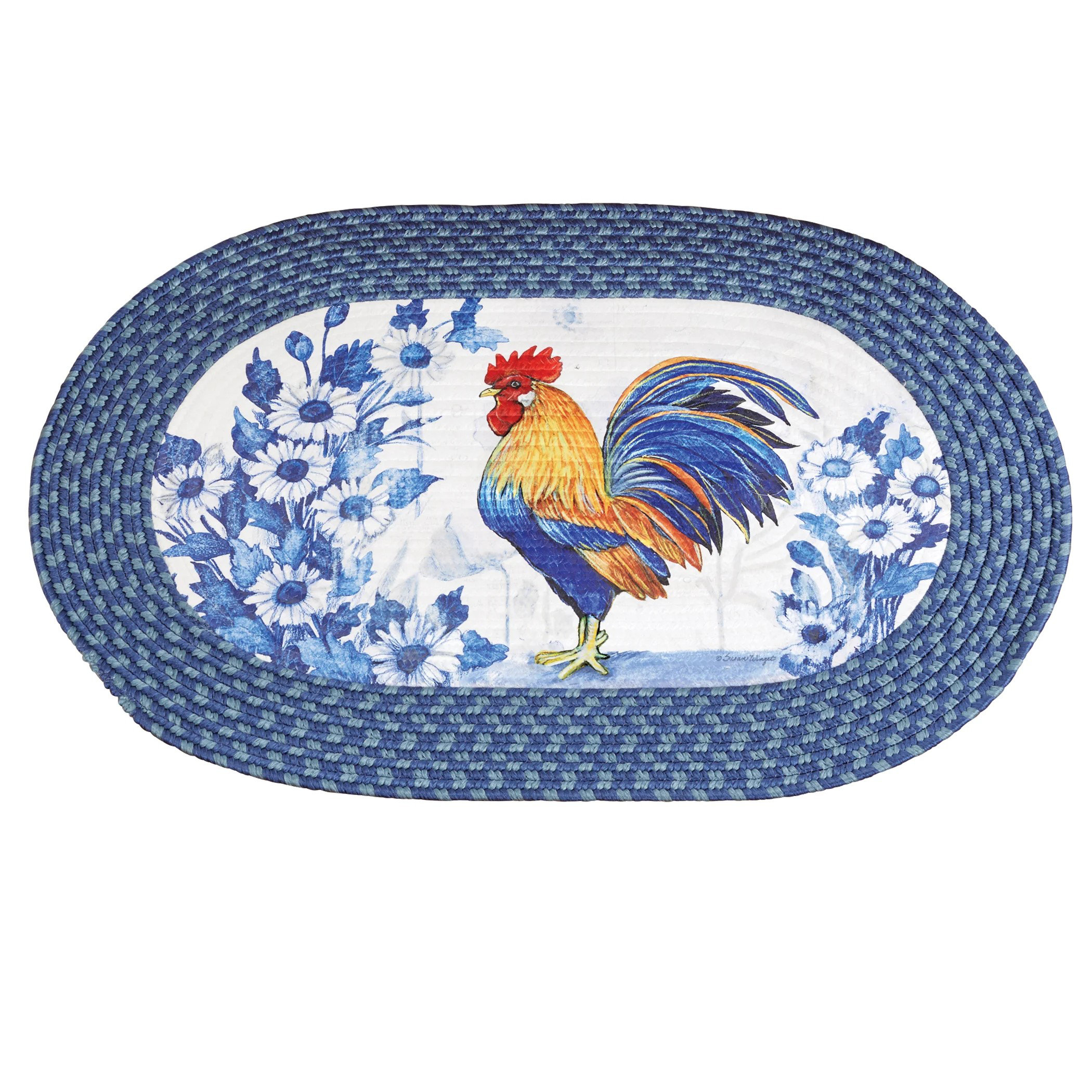 August Grove® French Country Blue Rooster Braided Accent Rug | Wayfair