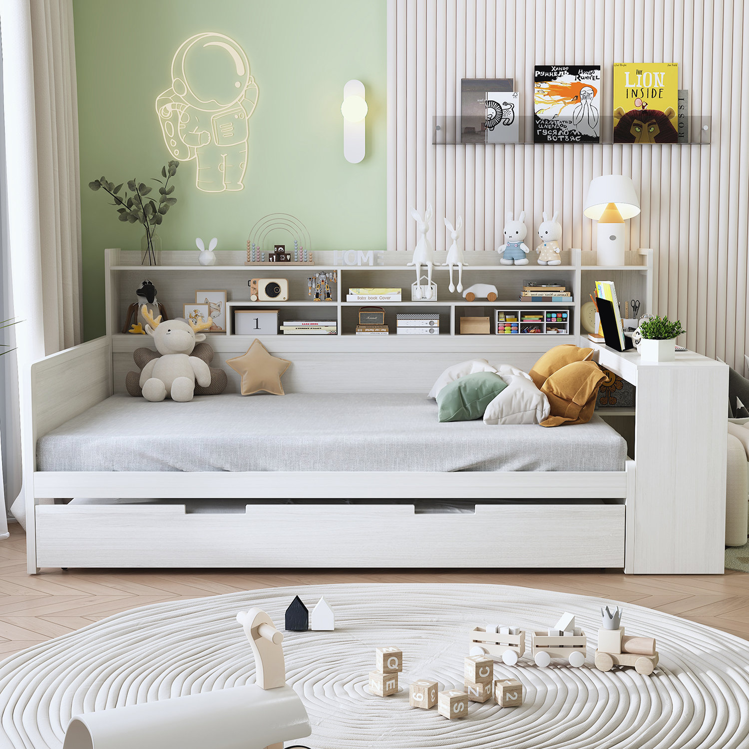 Lark Manor Wooden Daybed with Storage Shelves,Trundle Bed and Study ...
