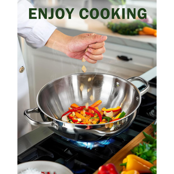 Cook N Home Tri-ply Stainless Steel Wok, 12 Inch Induction Wok With Lid ...