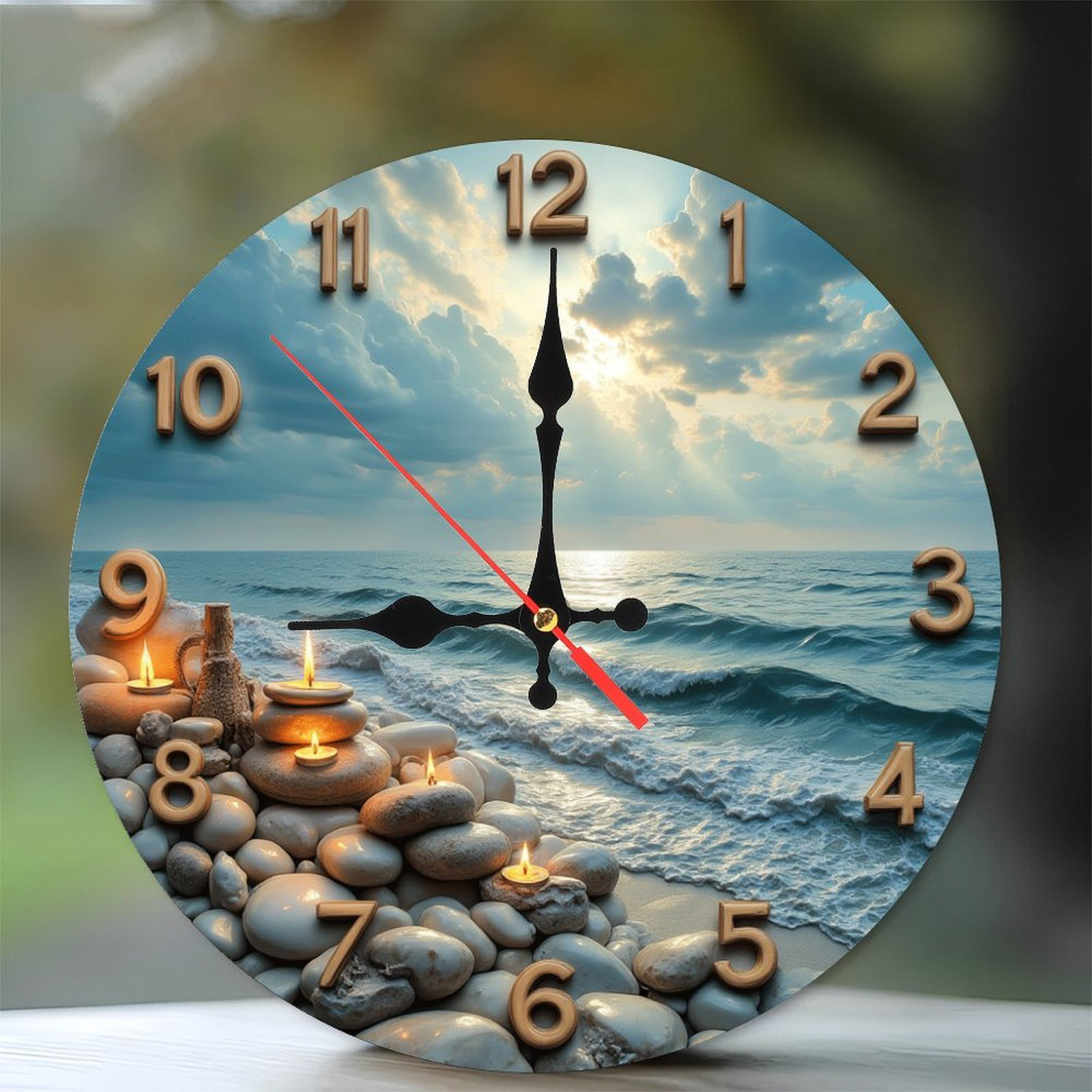 Dovecove Ocean Beach Sunset Wall Clock Candles Stones Decor | Wayfair