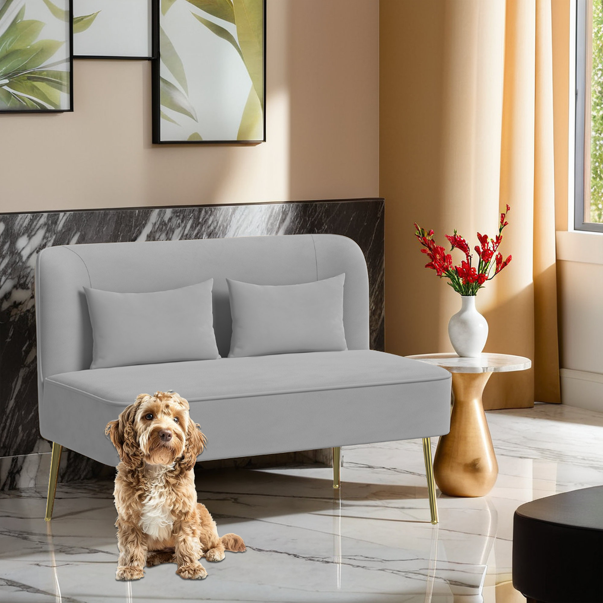 Mercer41 High-end 2-Seater Velvet Loveseat Couch With Pillows For ...