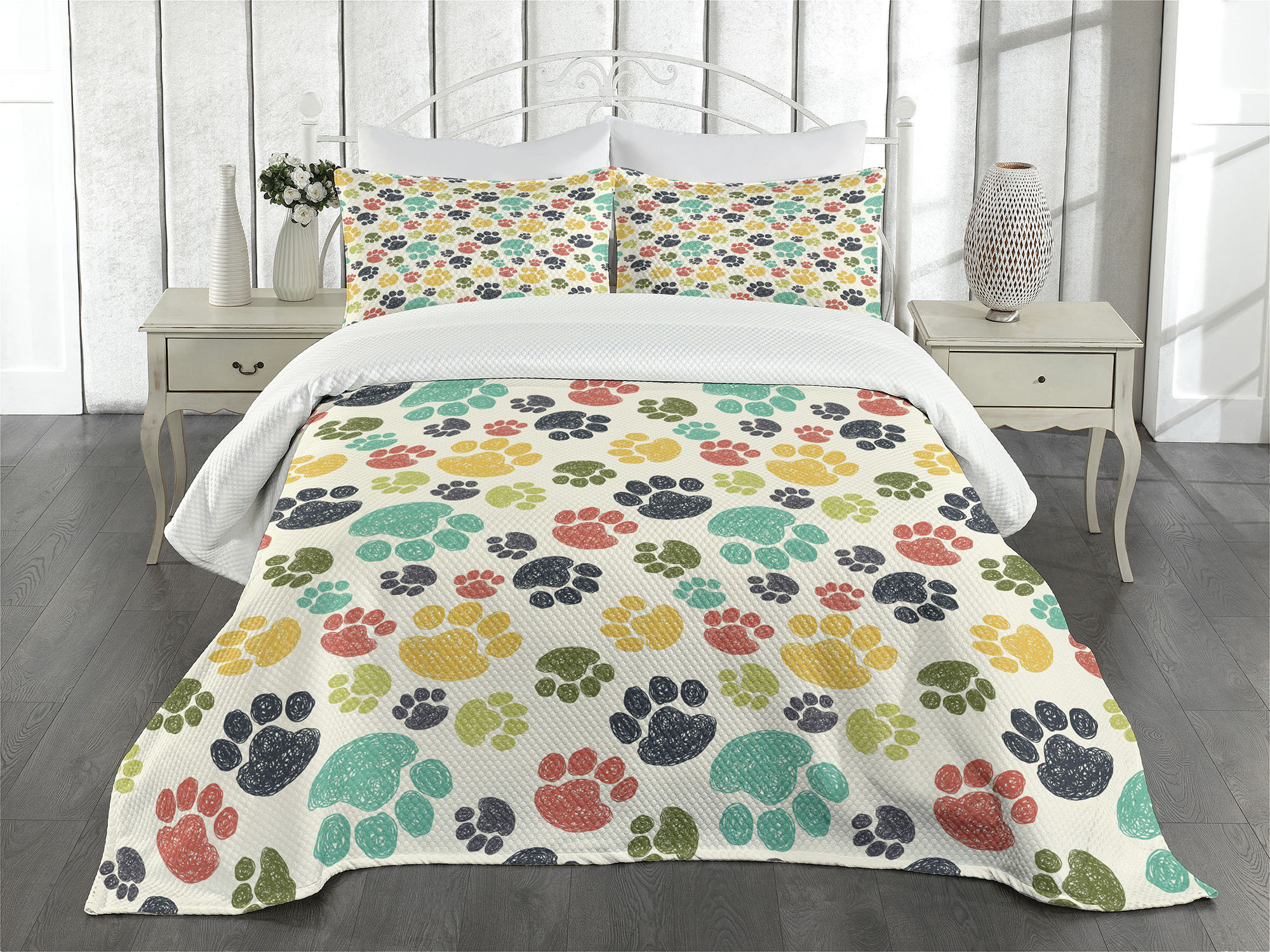 Ambesonne Dog Lover Bedspread Set Hand Drawn Paws Multicolor | Wayfair