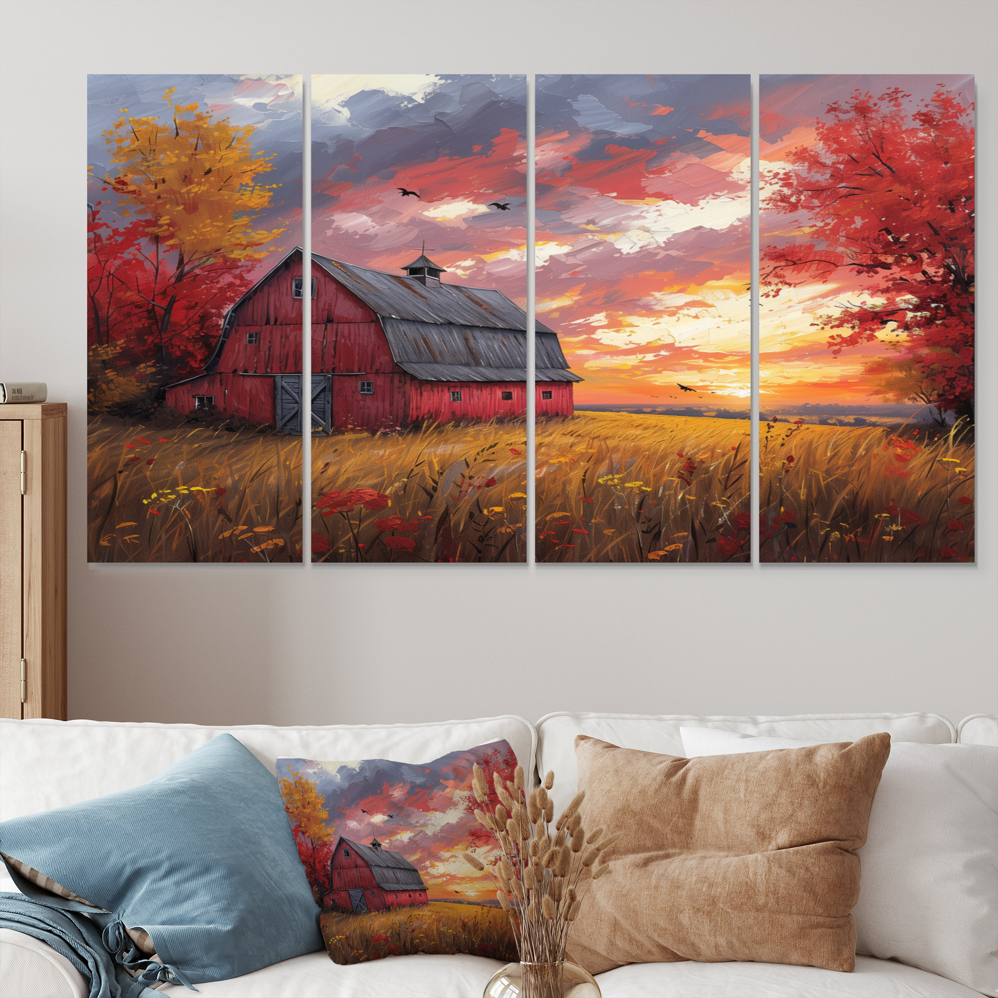 Gracie Oaks Autumn Red Barn Breeze II - Barn Canvas Wall Art Set | Wayfair