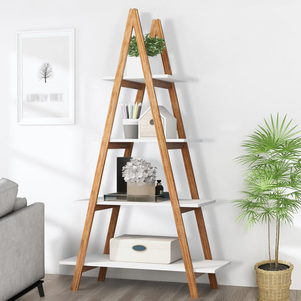 Ebern Designs 4 Tier Ladder Shelves Bookcase, Bamboo Ladder Shelves ...