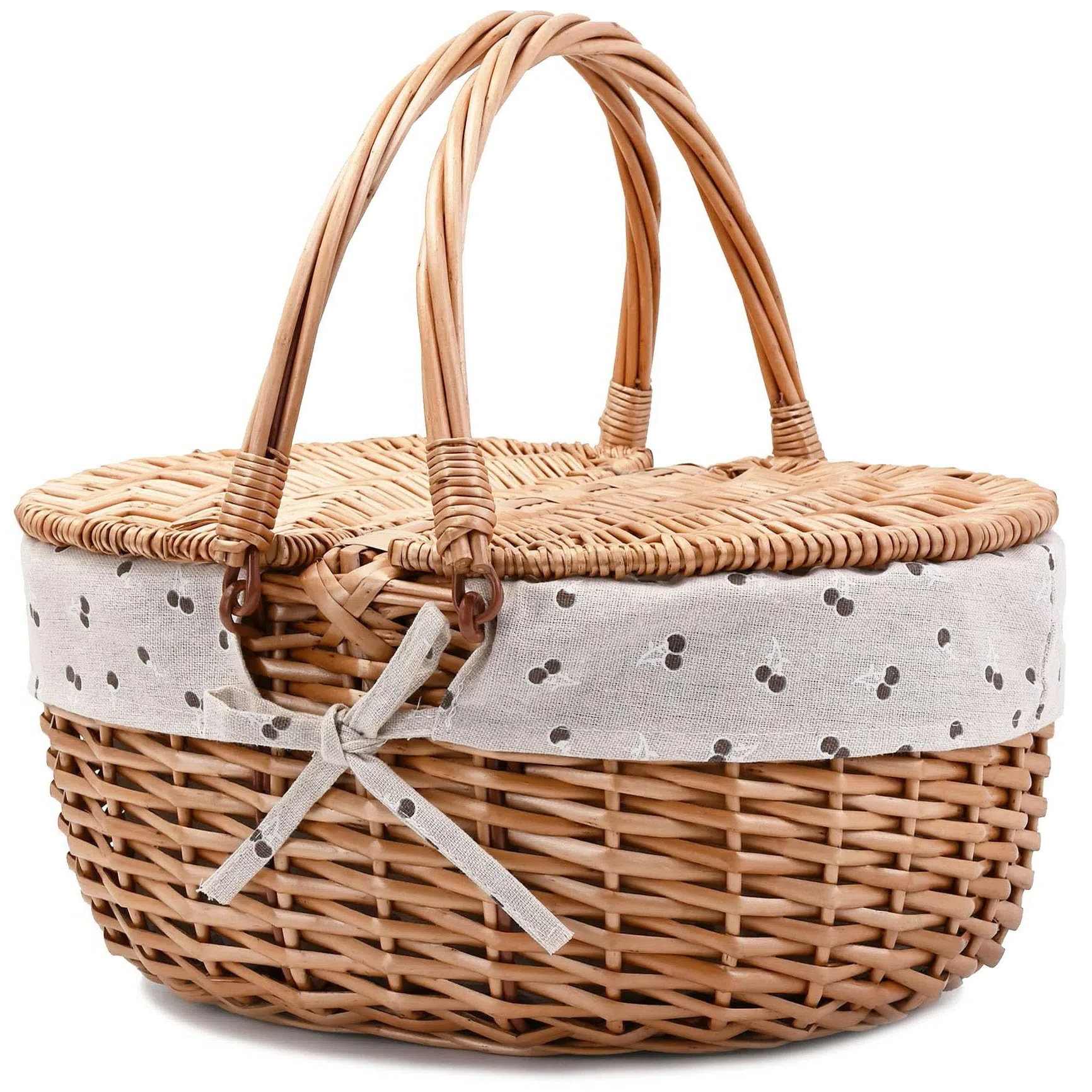 Gracie Oaks Cherry Pattern Sturdy Wicker Picnic Basket with Lid, Handle ...