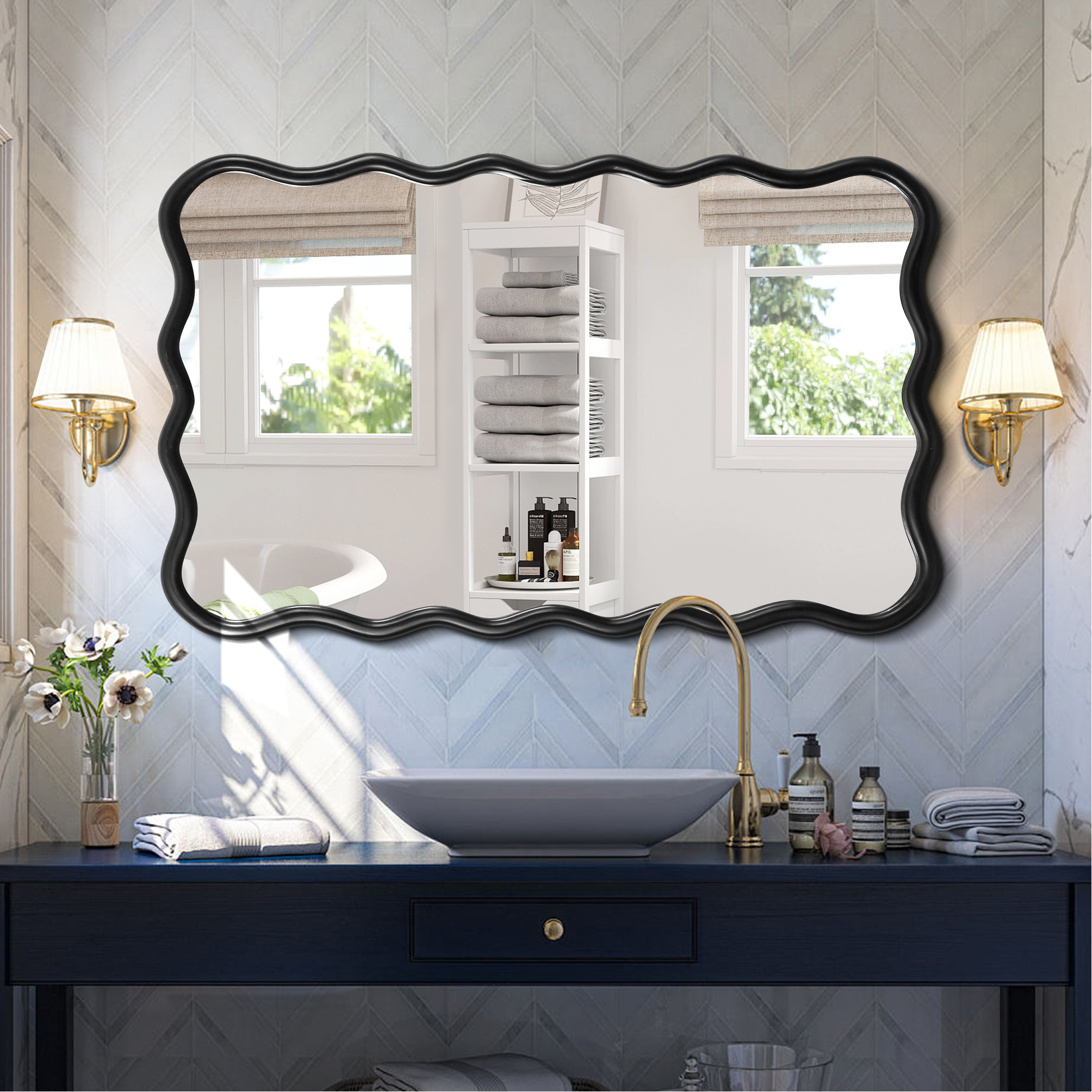 Ebern Designs Solid Wood Wavy Rectangle Mirror-W Ood Modern Mirror Wall ...