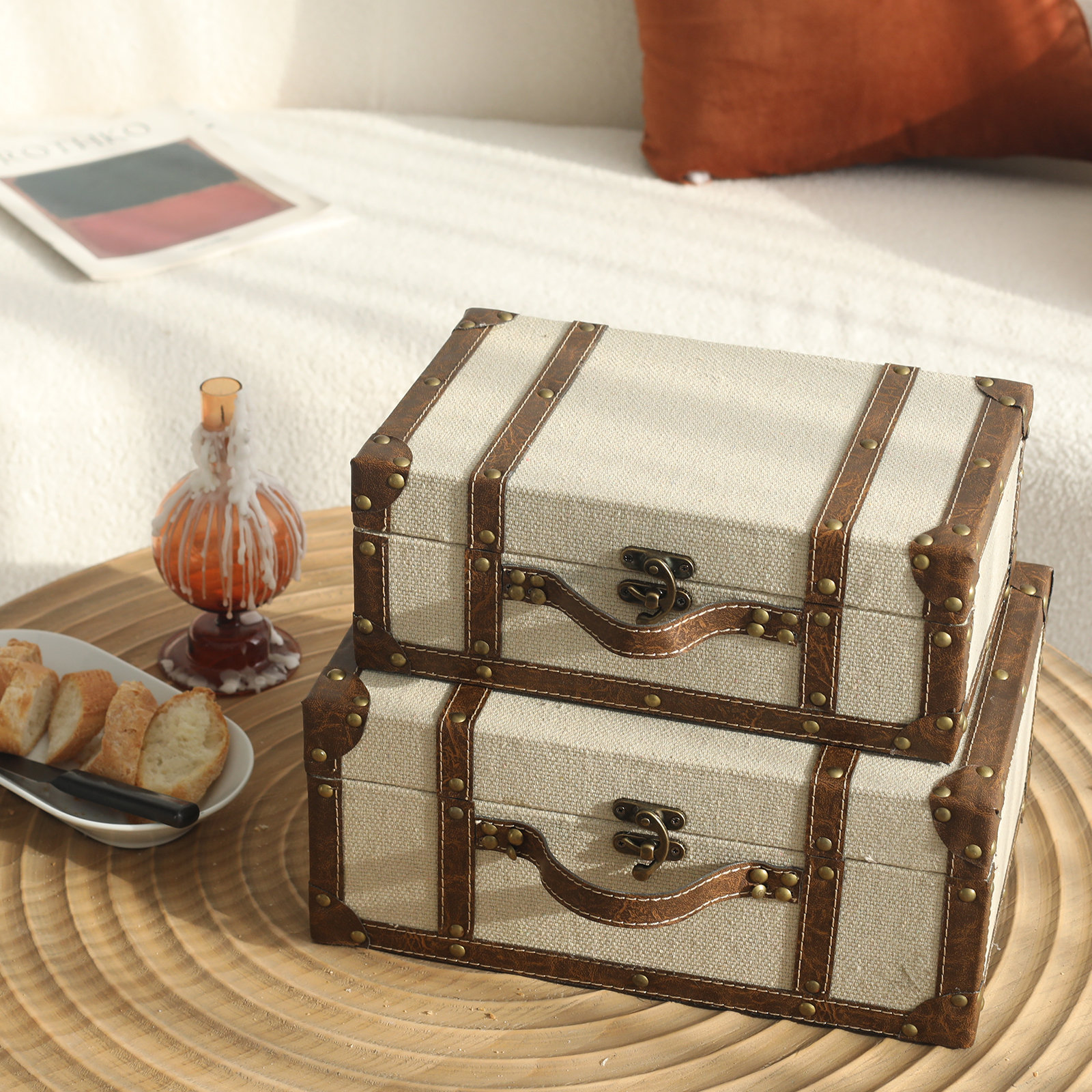 Winston Porter Vintage Suitcase Linen Fabric Covered Decorative Trunk ...