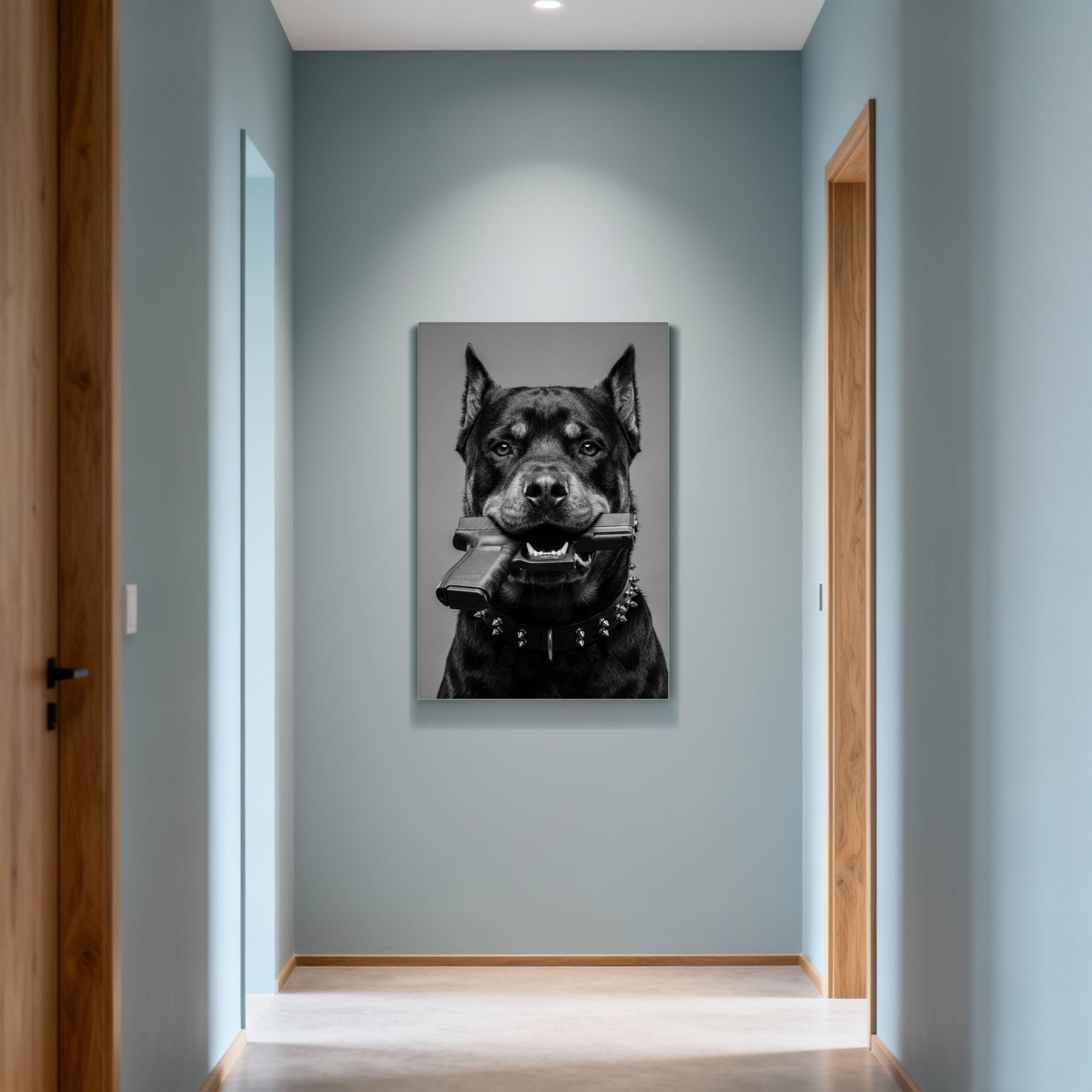 Wrought Studio™ Animals Dog Holding Gun Black And White Portrait | Wayfair