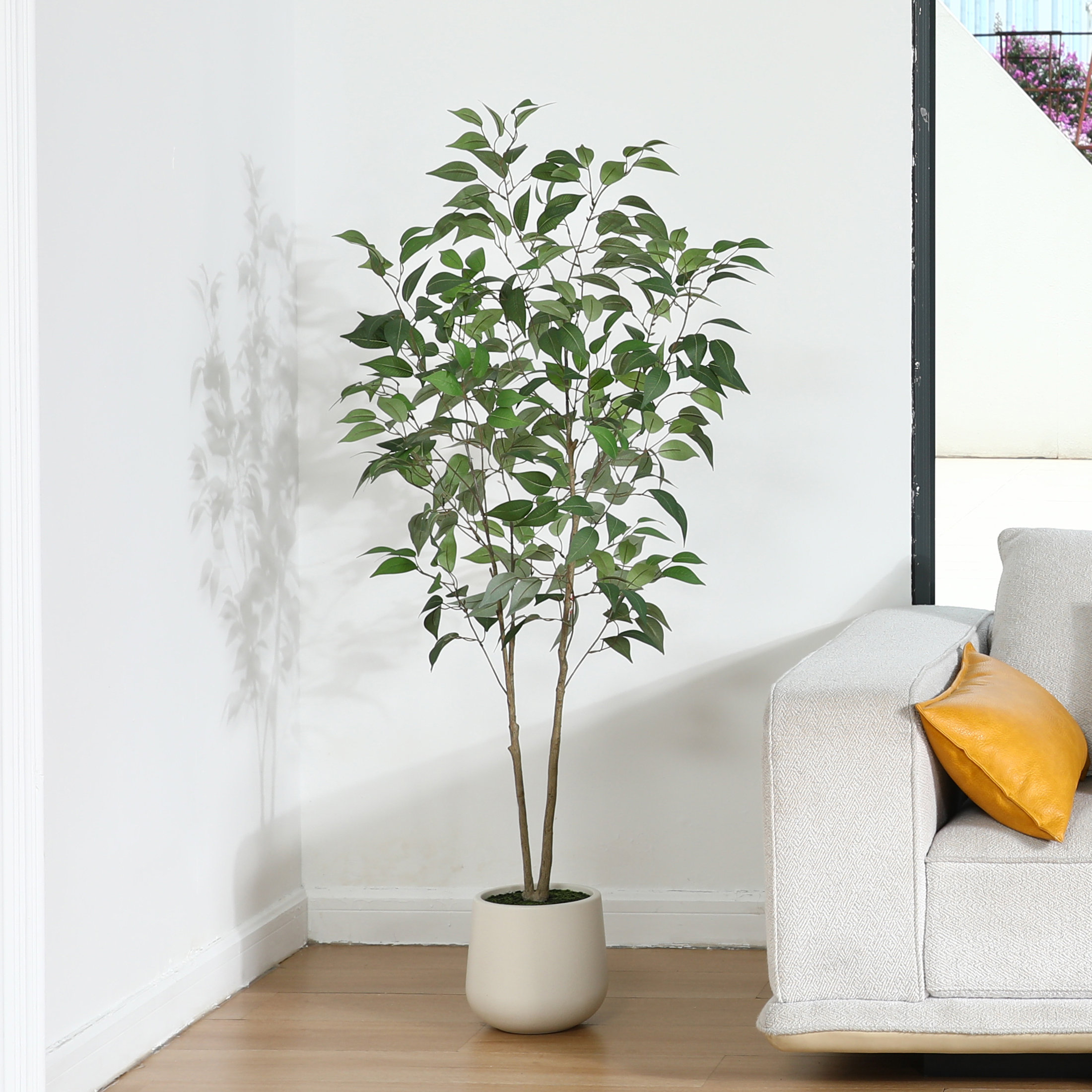 Primrue Faux Ficus Tree with Round White Planter, Pre Potted Faux ...