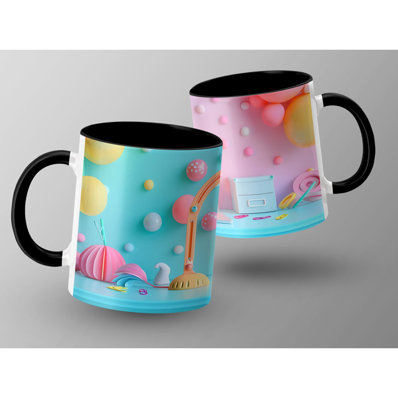 East Urban Home Kids Drawing Style 11oz Accent Mugs – White Ceramic ...