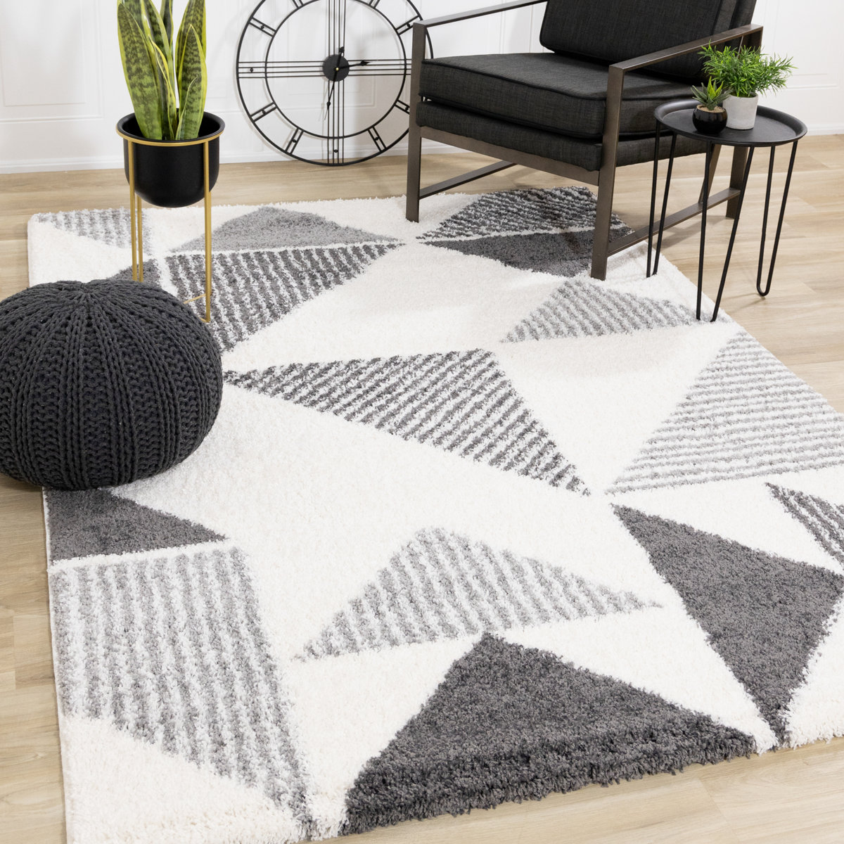 Latitude Run® Cozy Modern Geometric Grey White Area Rug | Wayfair