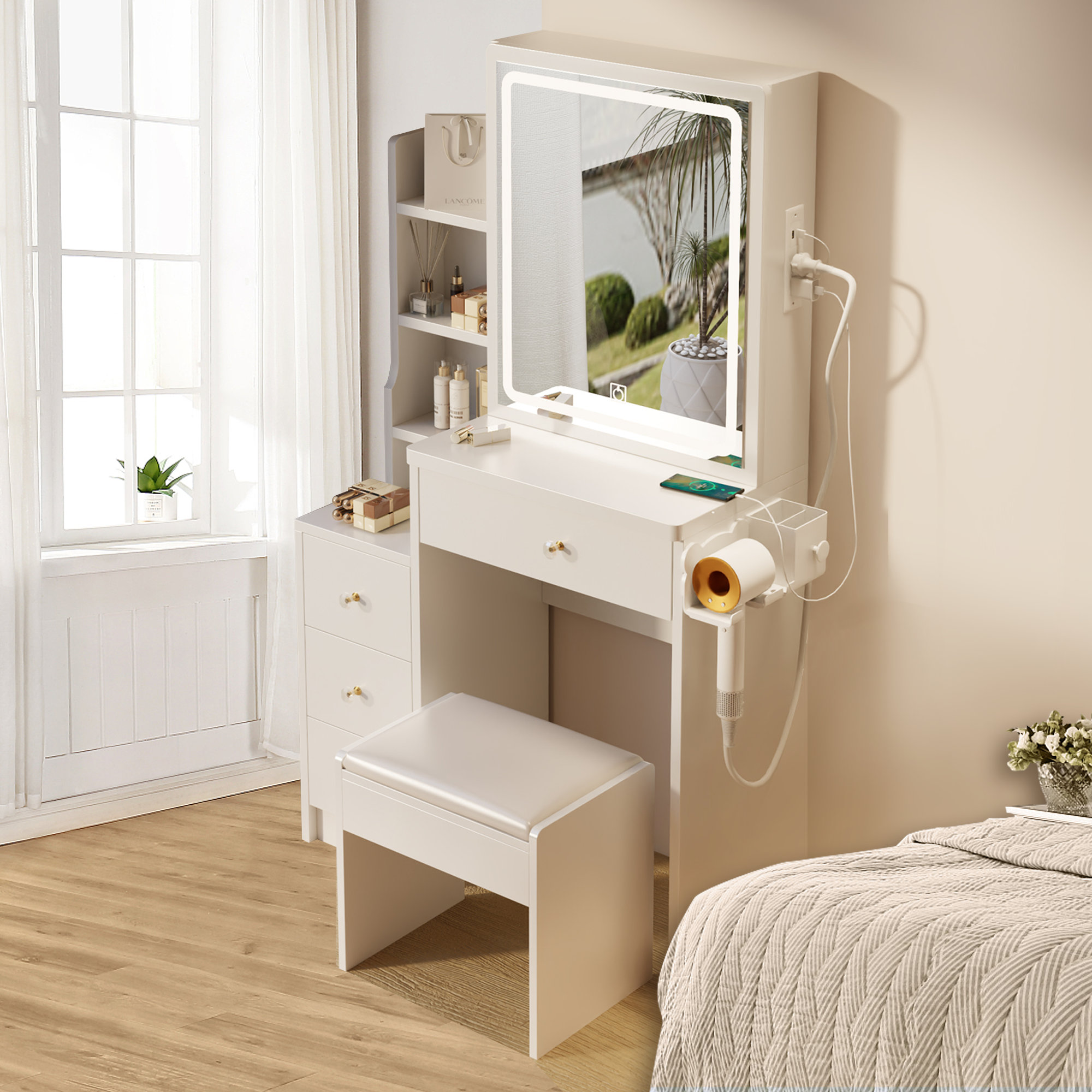 Ebern Designs Compact Bedside Vanity Table With Cushioned Stool, AC ...