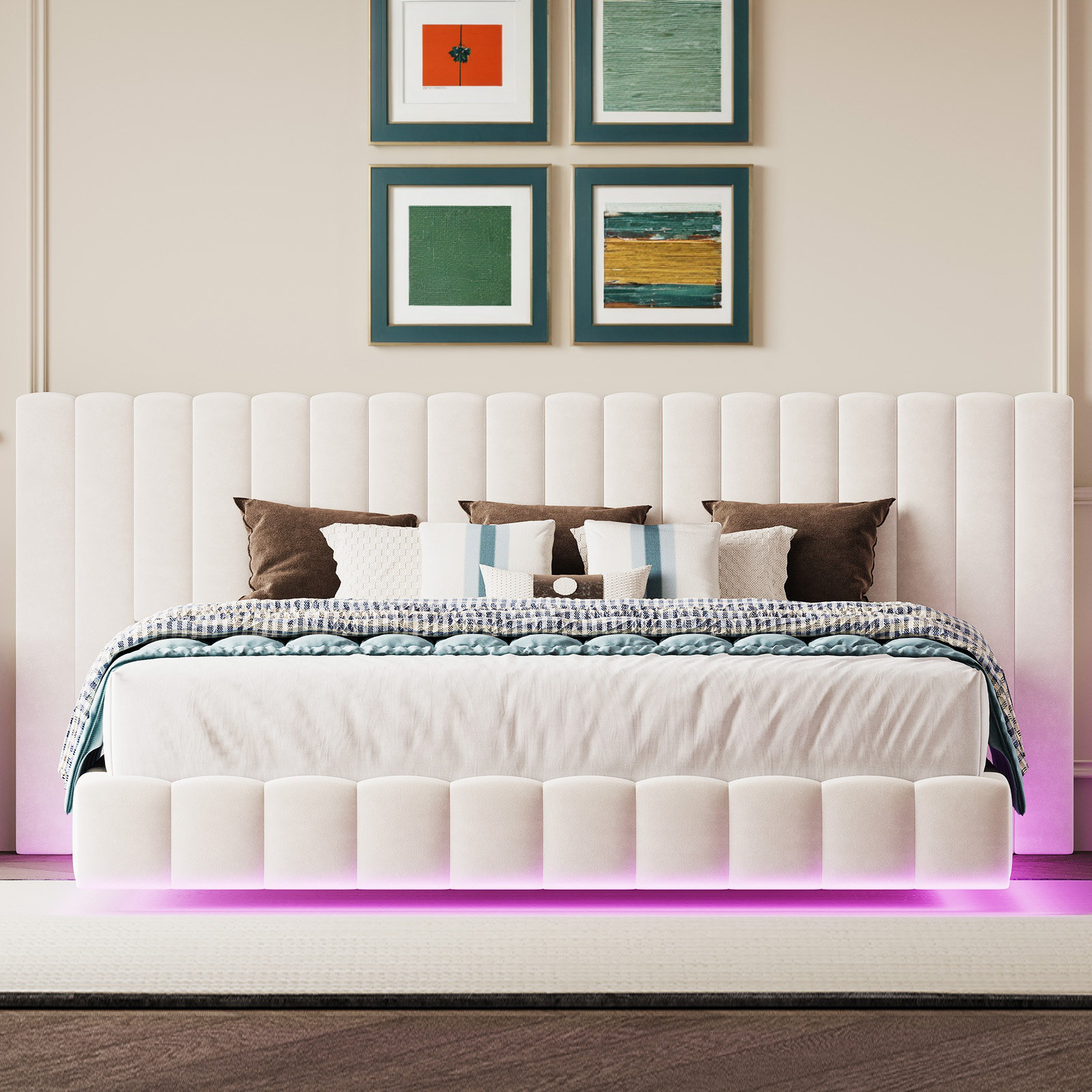 Ivy Bronx Floating Upholstered Bed Frame with Oversized Headboard and ...
