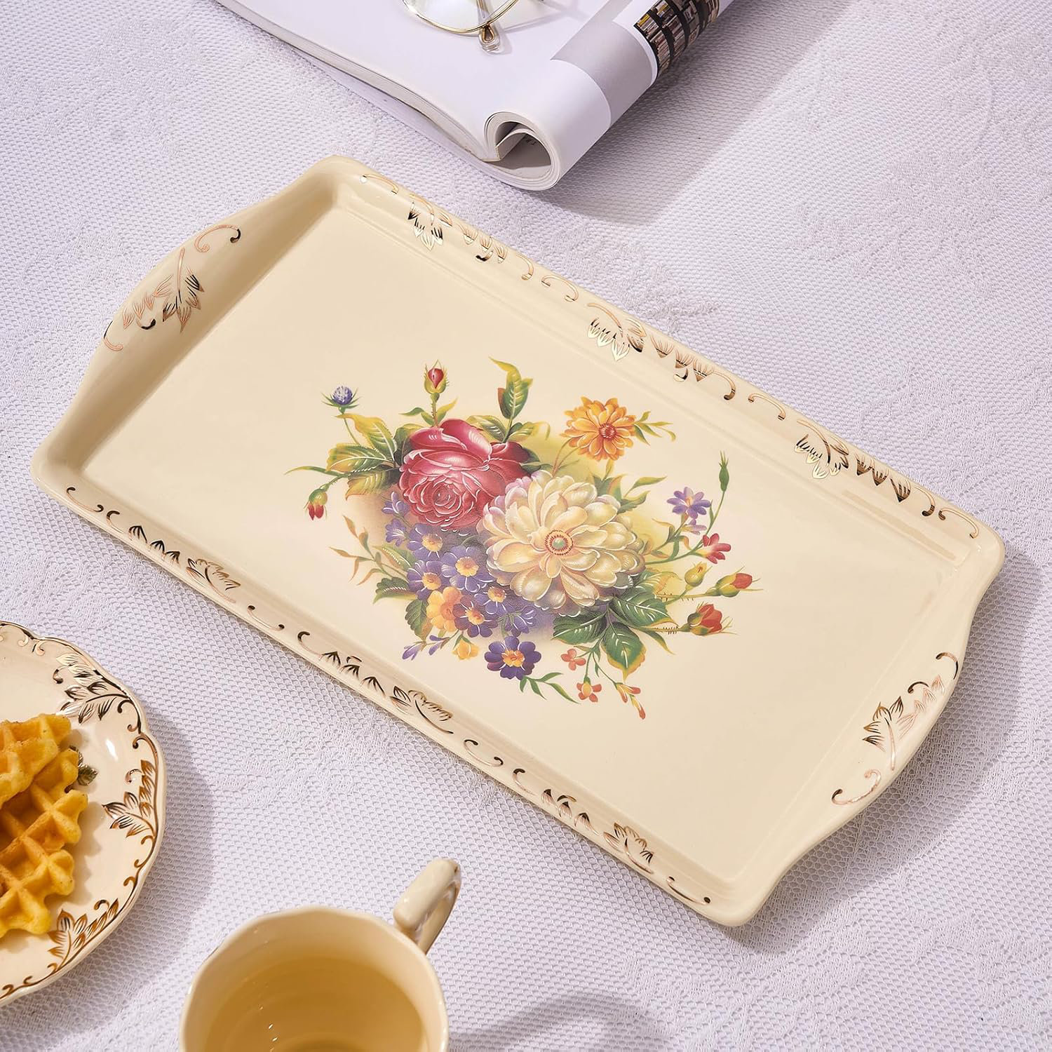 One Allium Way® Ceramic Floral Serving Tray, Decorative Platter For Tea ...