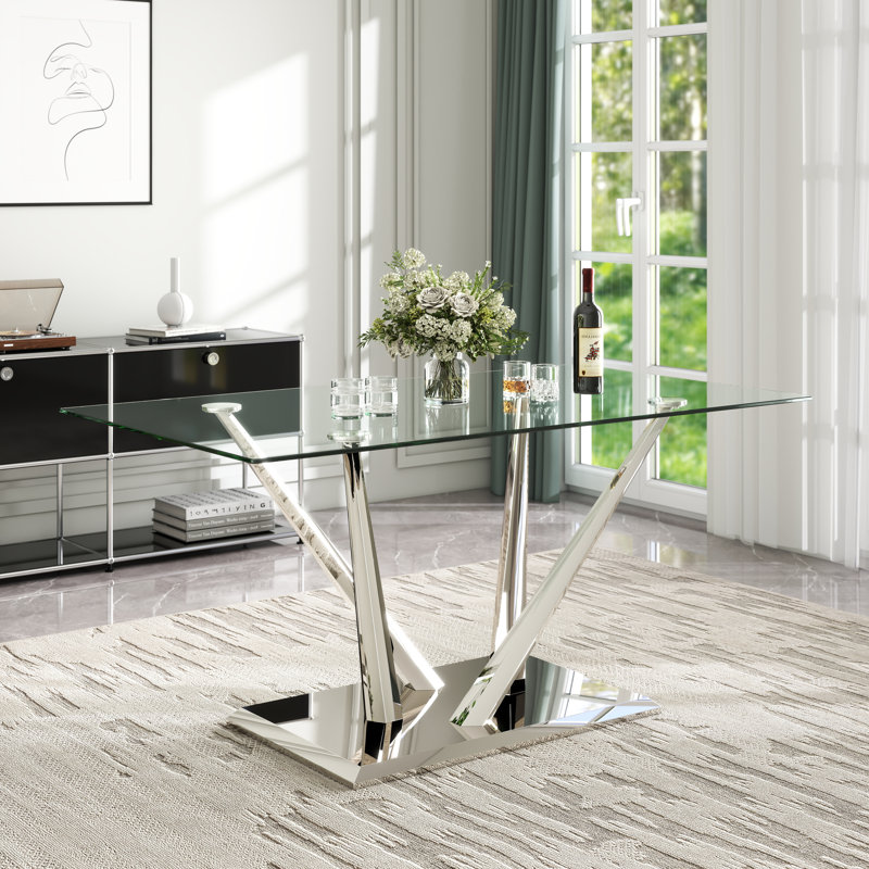 Ivy Bronx Modern Rectangle Tempered Glass Dining Table with Stainless ...