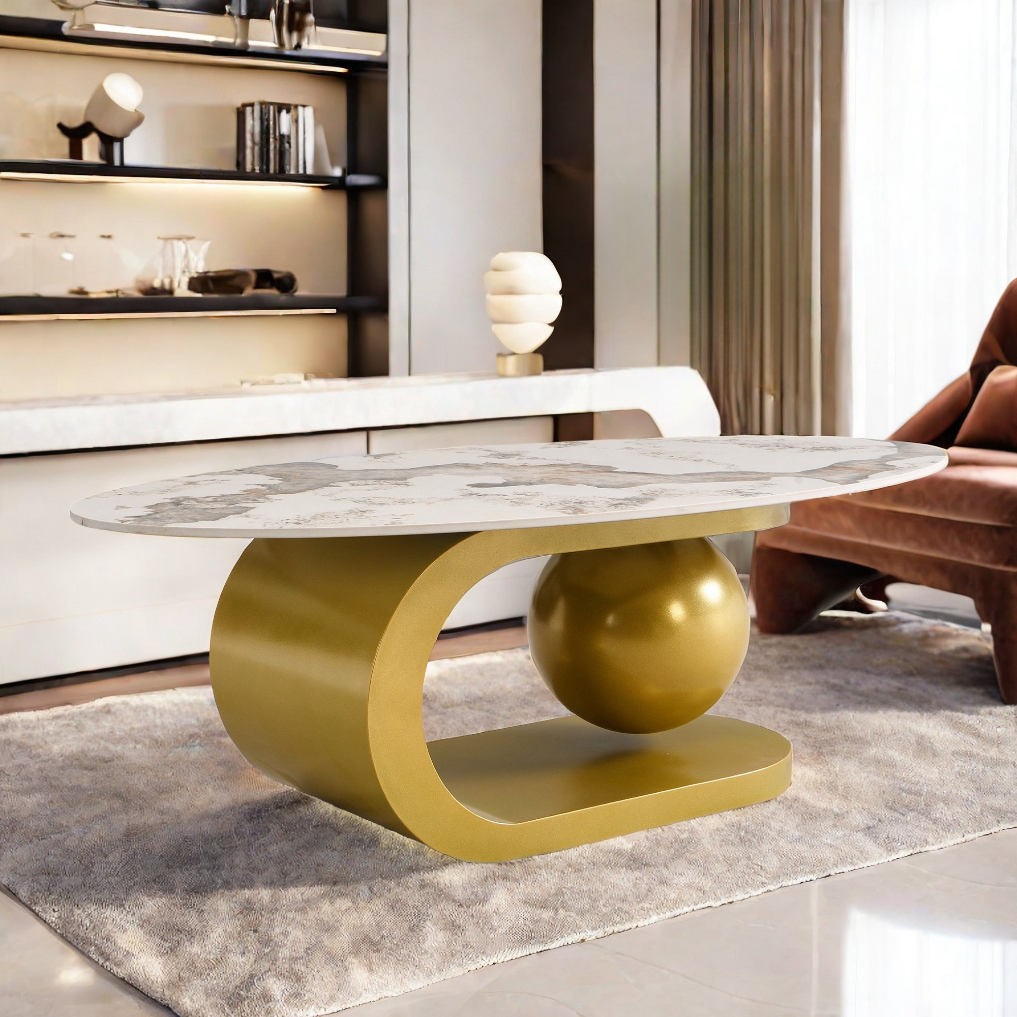 Mercer41 Pfeiffer Oval Coffee Table With Marble Pattern Sintered Stone ...