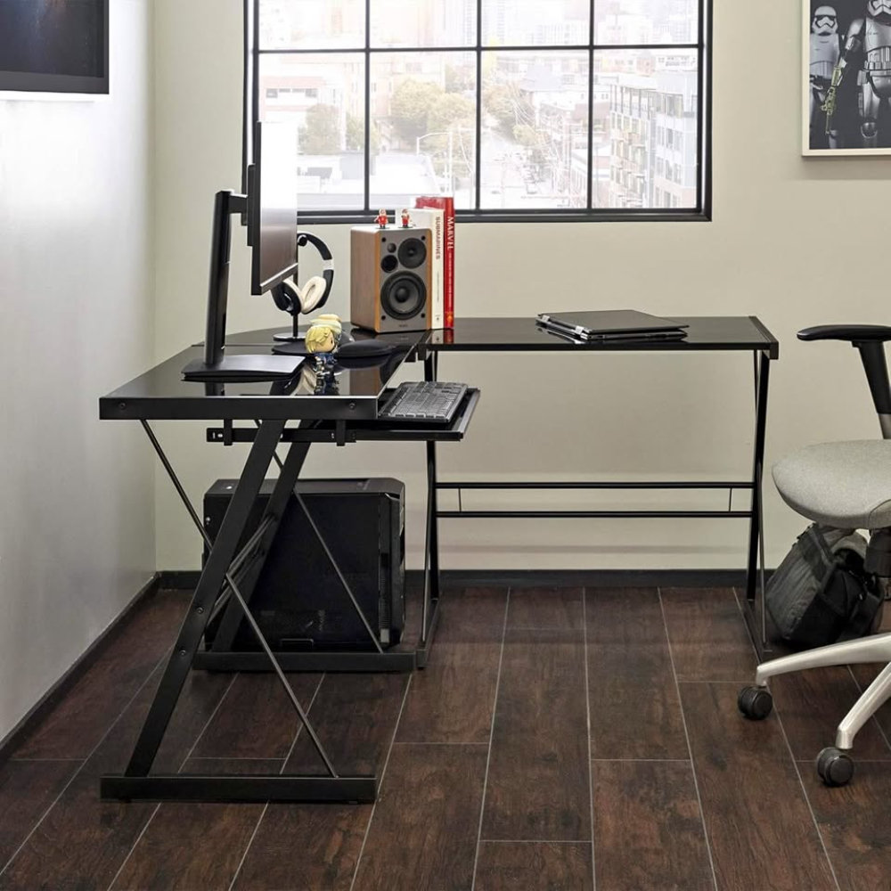 Inbox Zero 51" Modern Metal Glass Corner Computer Desk - Black | Wayfair