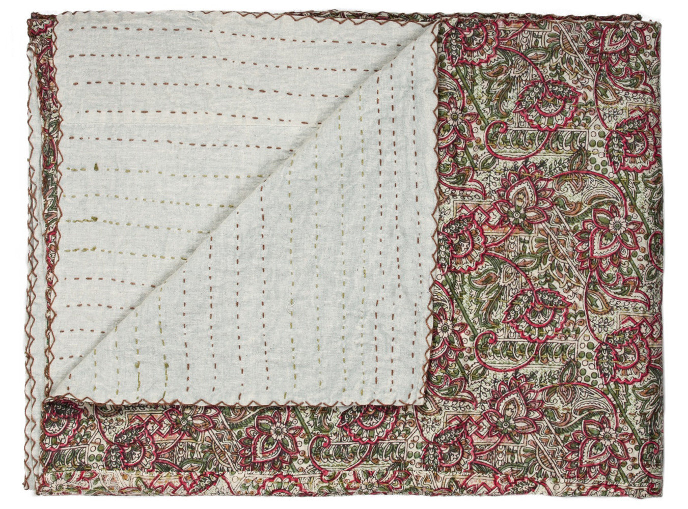 HomeRoots 50" X 70" Green and Red Kantha Cotton Damask Throw Blanket ...