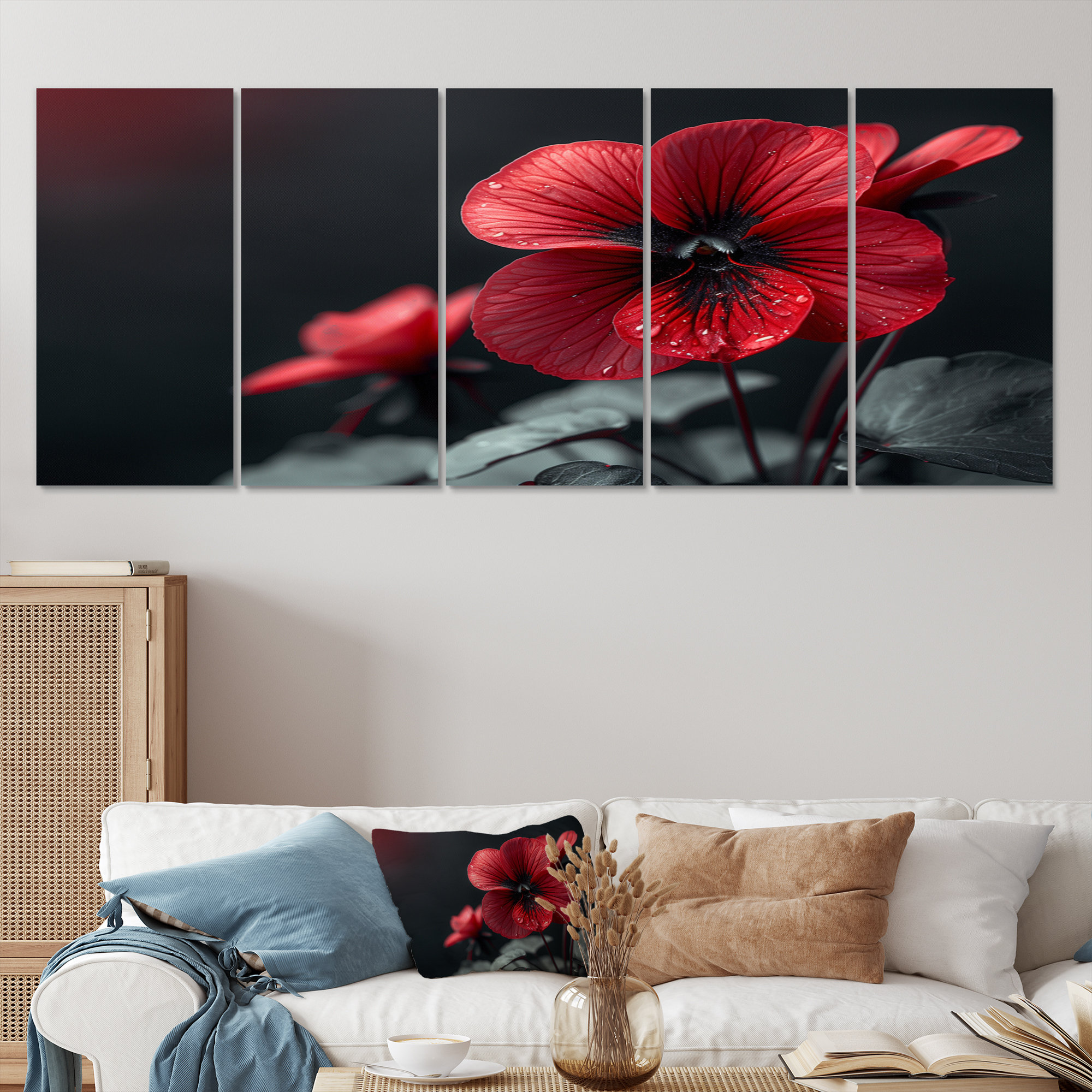 Design Art Red Black Glass Pansies Romantic Flowers II - Pansies Wall ...