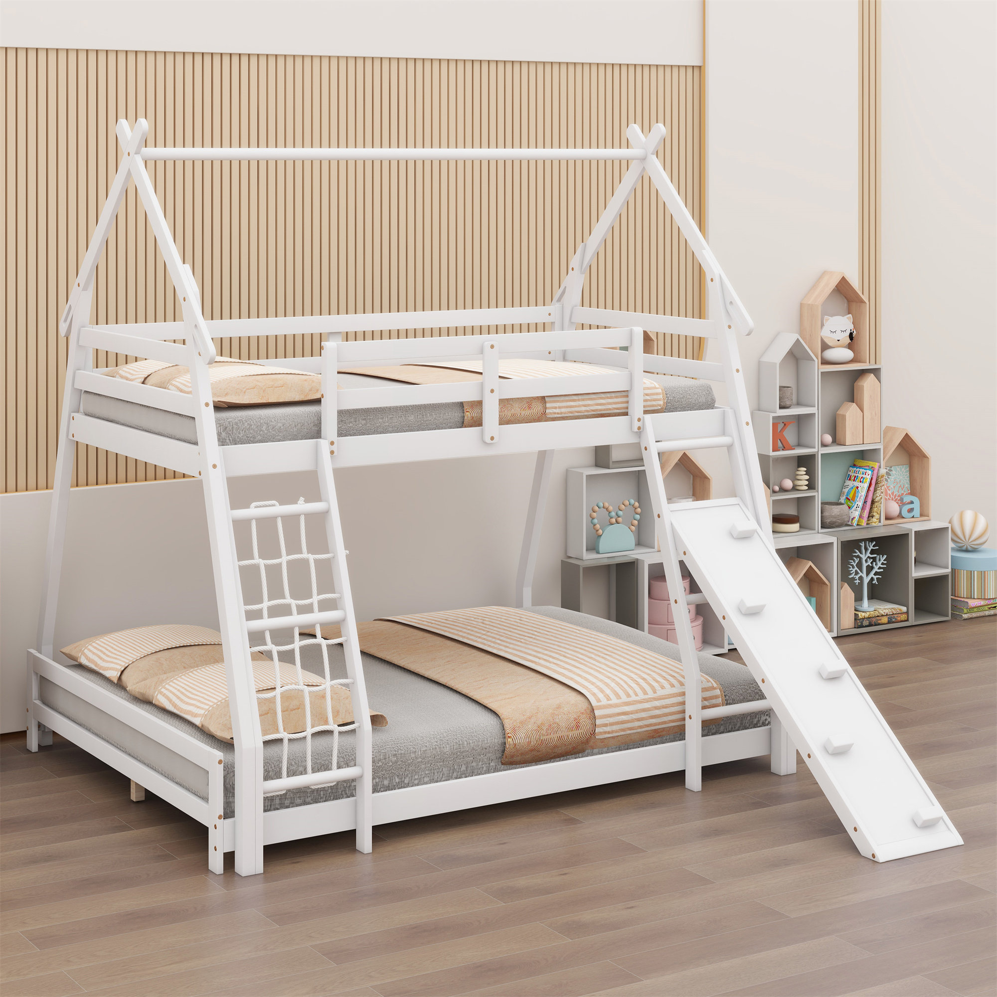 Latitude Run® House Bunk Bed With Climbing Nets And Climbing Ramp | Wayfair