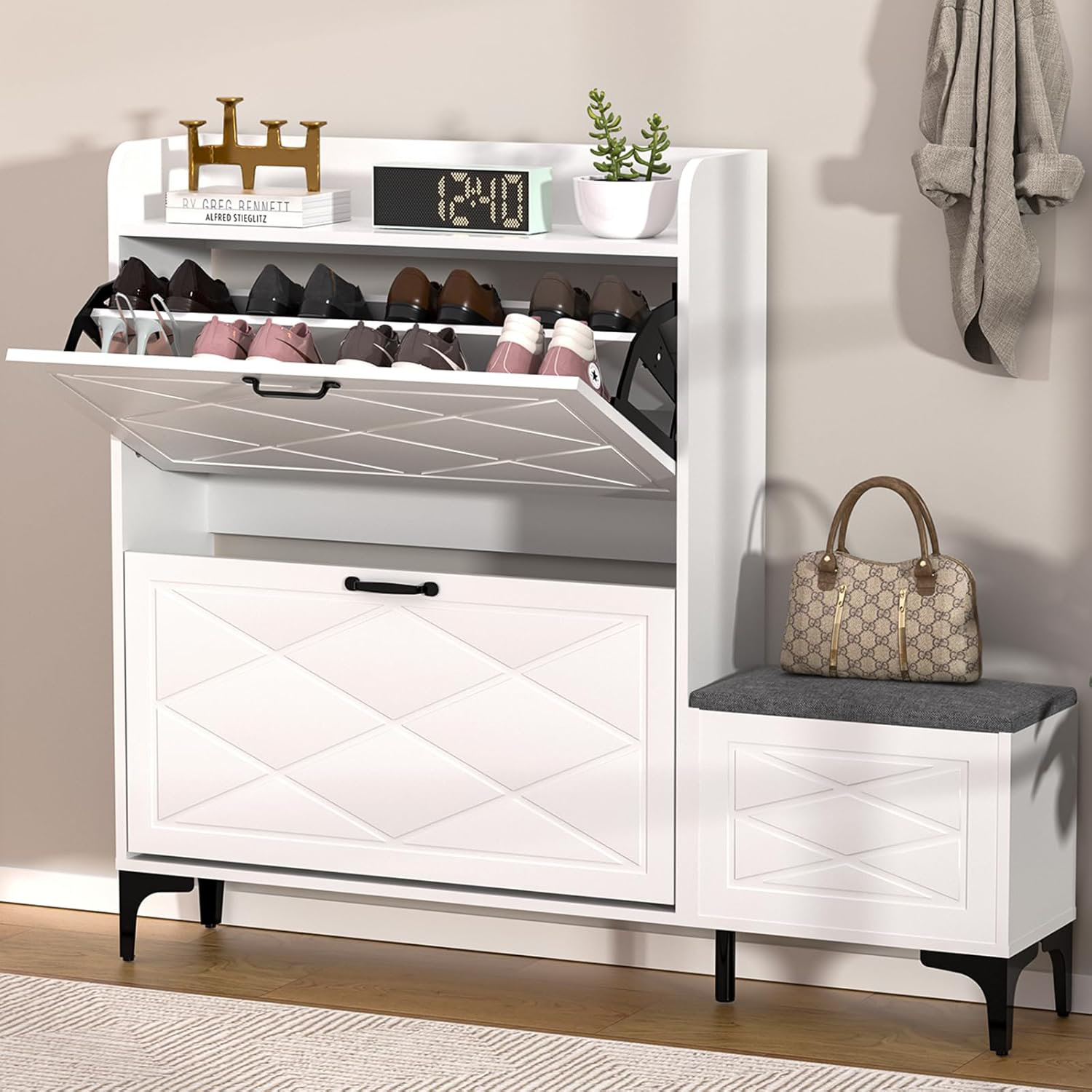 Hokku Designs Shoe Cabinet with Bench and Hidden Storage, Open Shoe ...