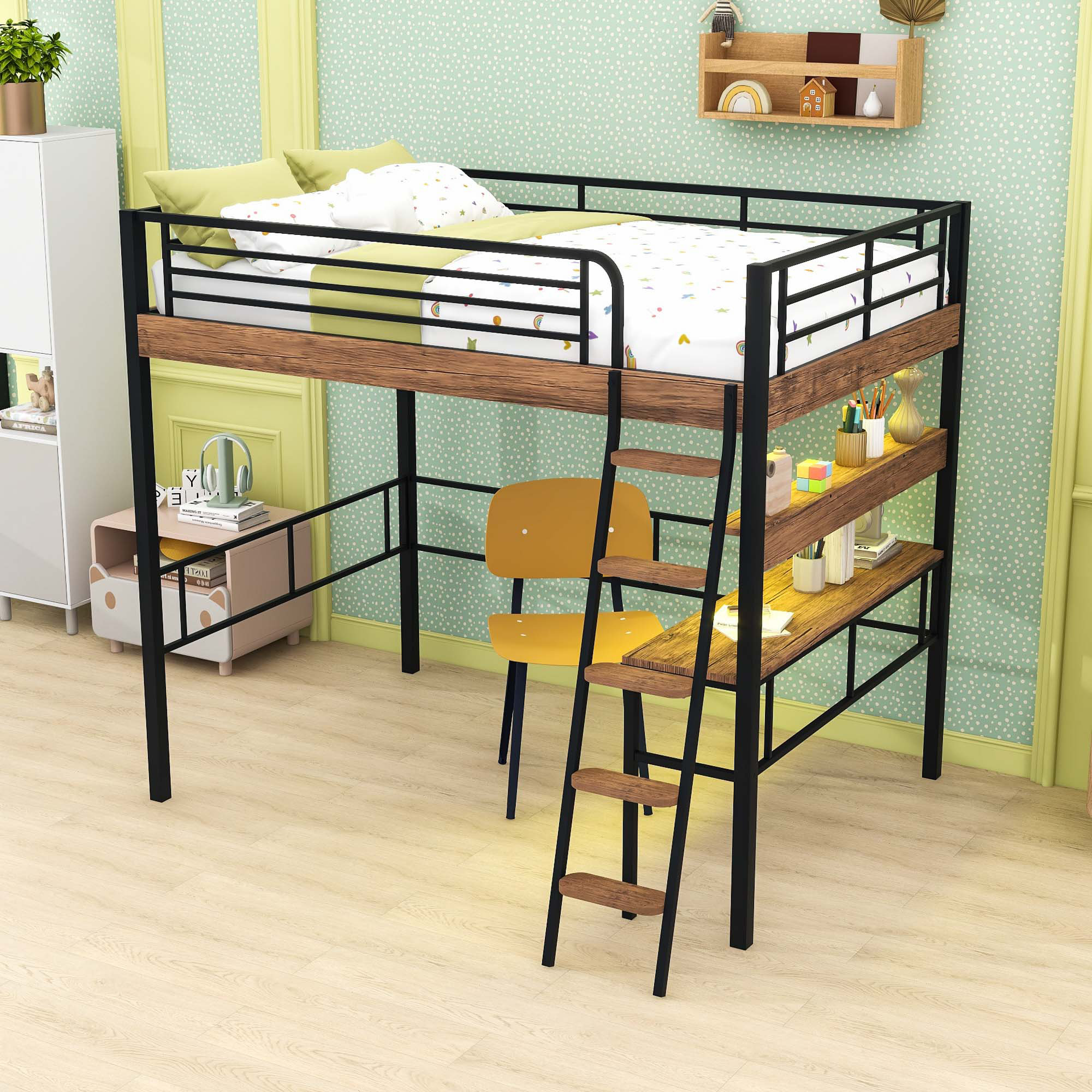Mason & Marbles Full-Size Loft Bed With Integrated LED Light, Desk, And ...